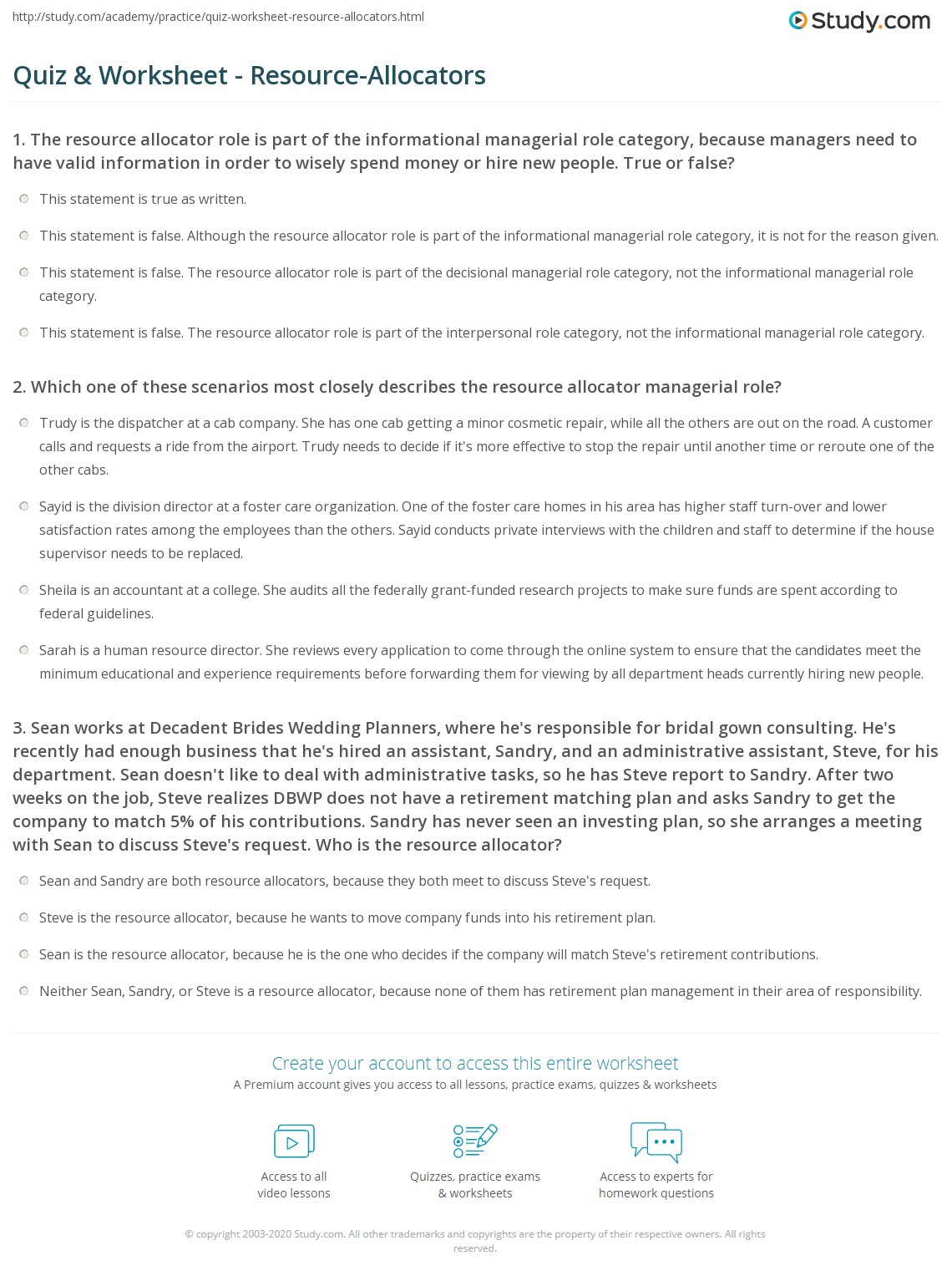 Quiz & Worksheet - Resource-Allocators | Study.com