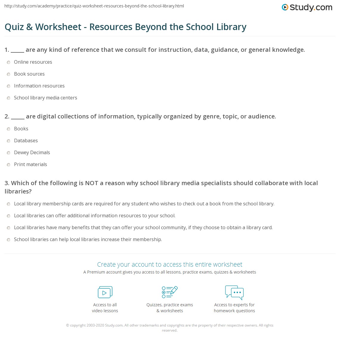 Quiz & Worksheet - Resources Beyond the School Library | Study.com