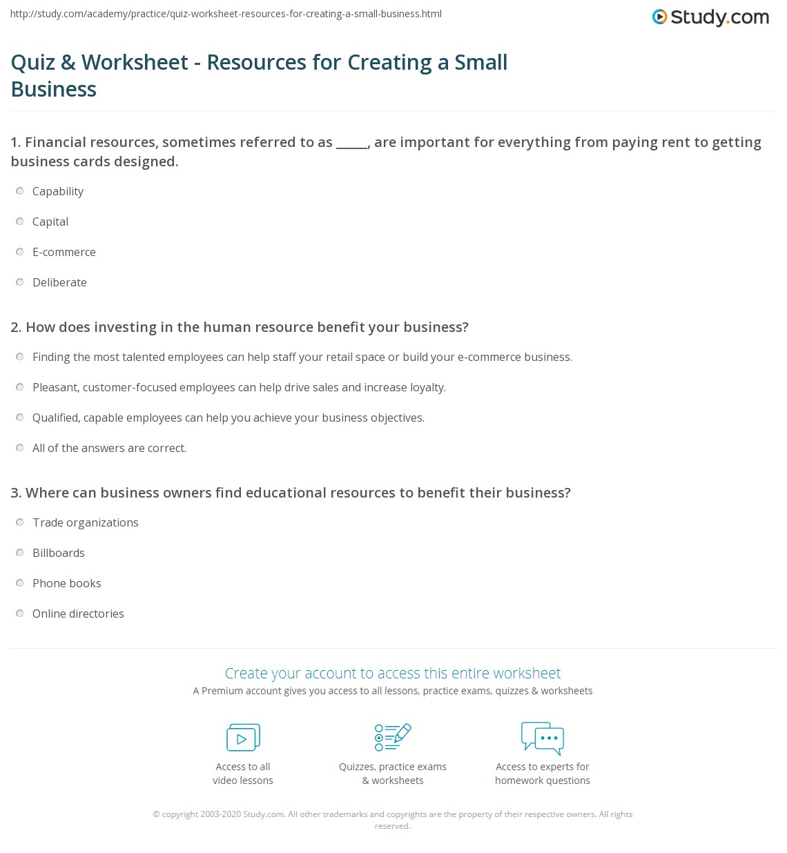 Quiz & Worksheet - Resources for Creating a Small Business | Study.com