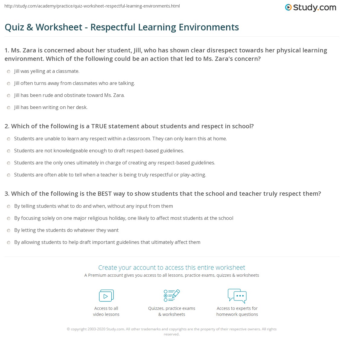Quiz & Worksheet - Respectful Learning Environments | Study.com