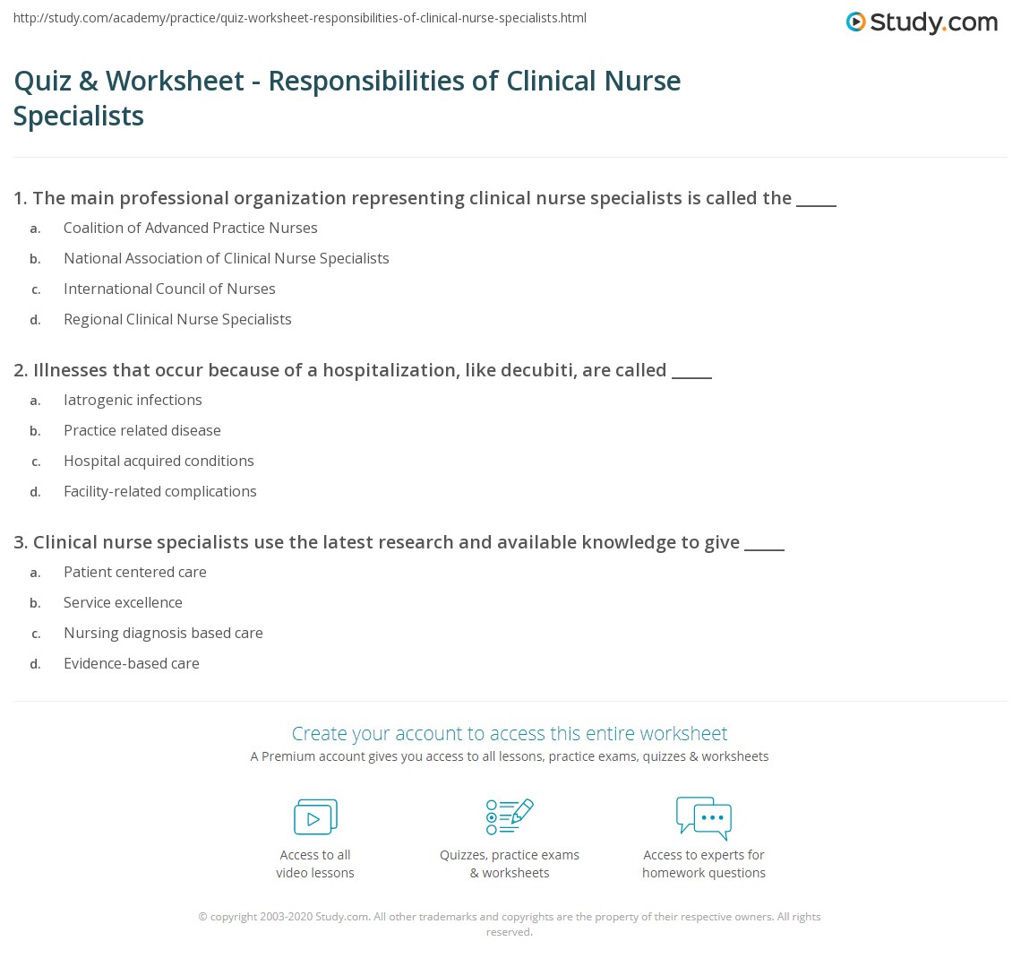 Quiz & Worksheet - Responsibilities of Clinical Nurse Specialists ...