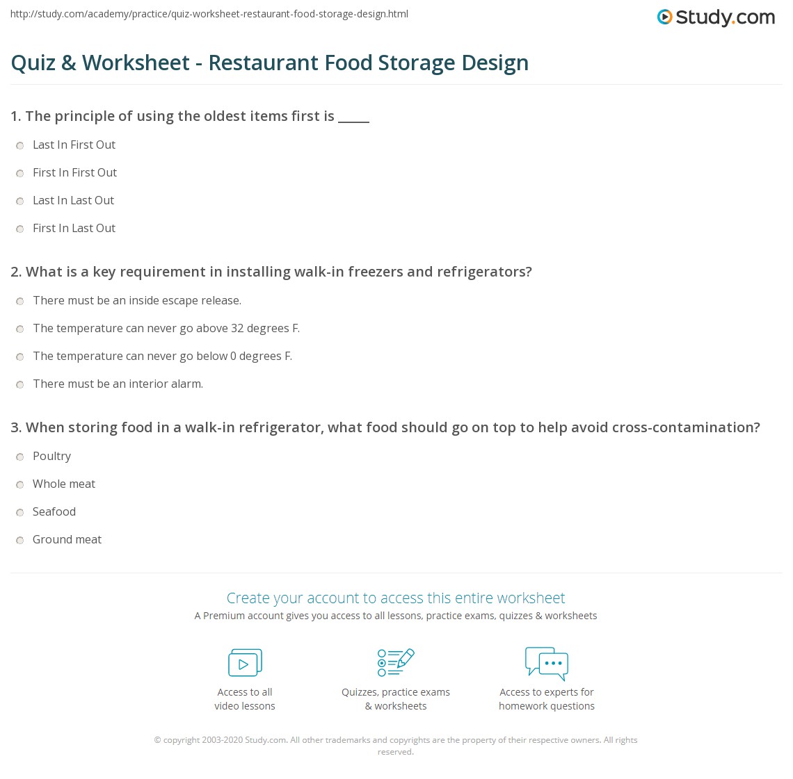 Quiz Worksheet Restaurant Food Storage Design Study