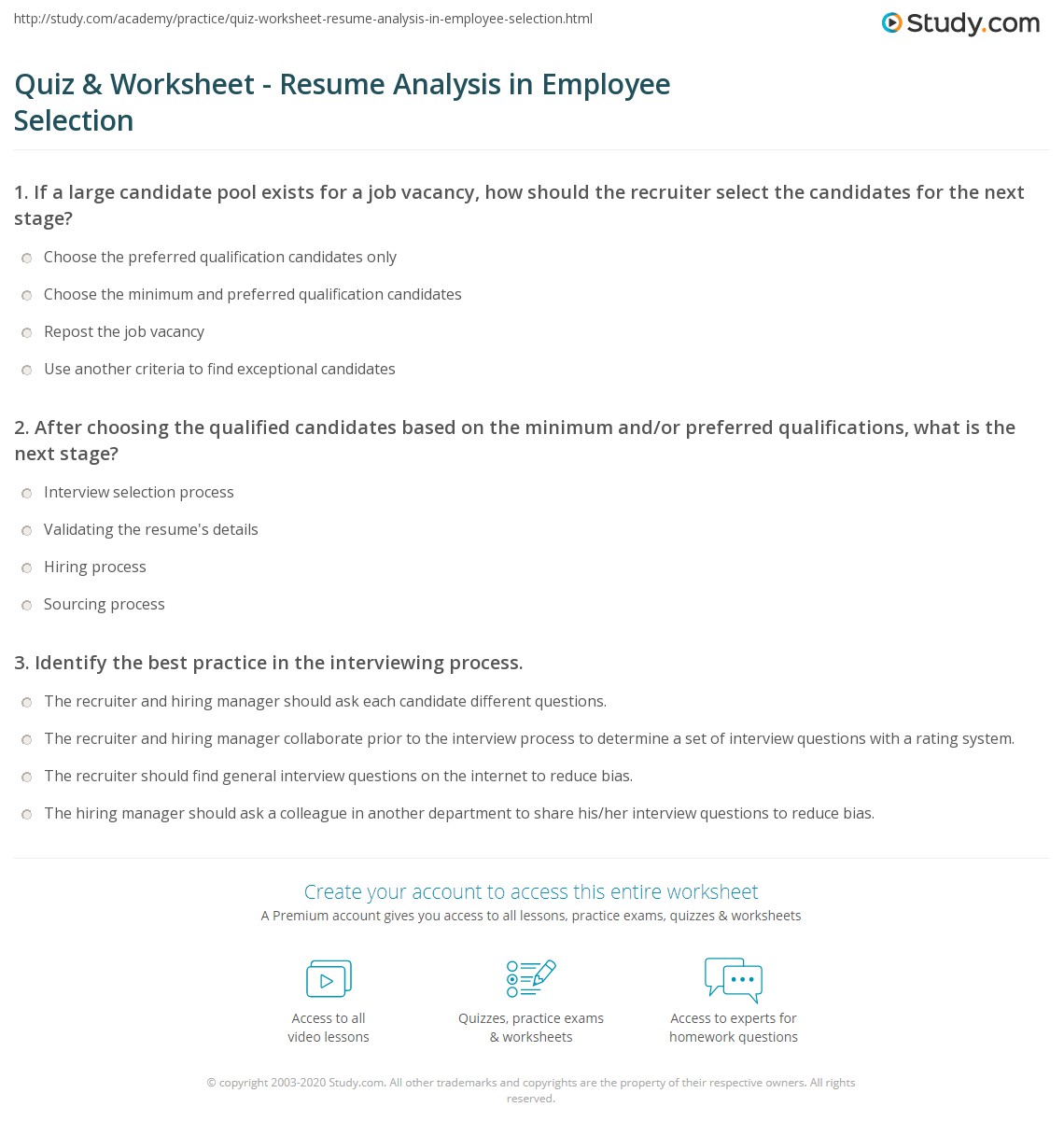 Quiz & Worksheet - Resume Analysis in Employee Selection | Study.com