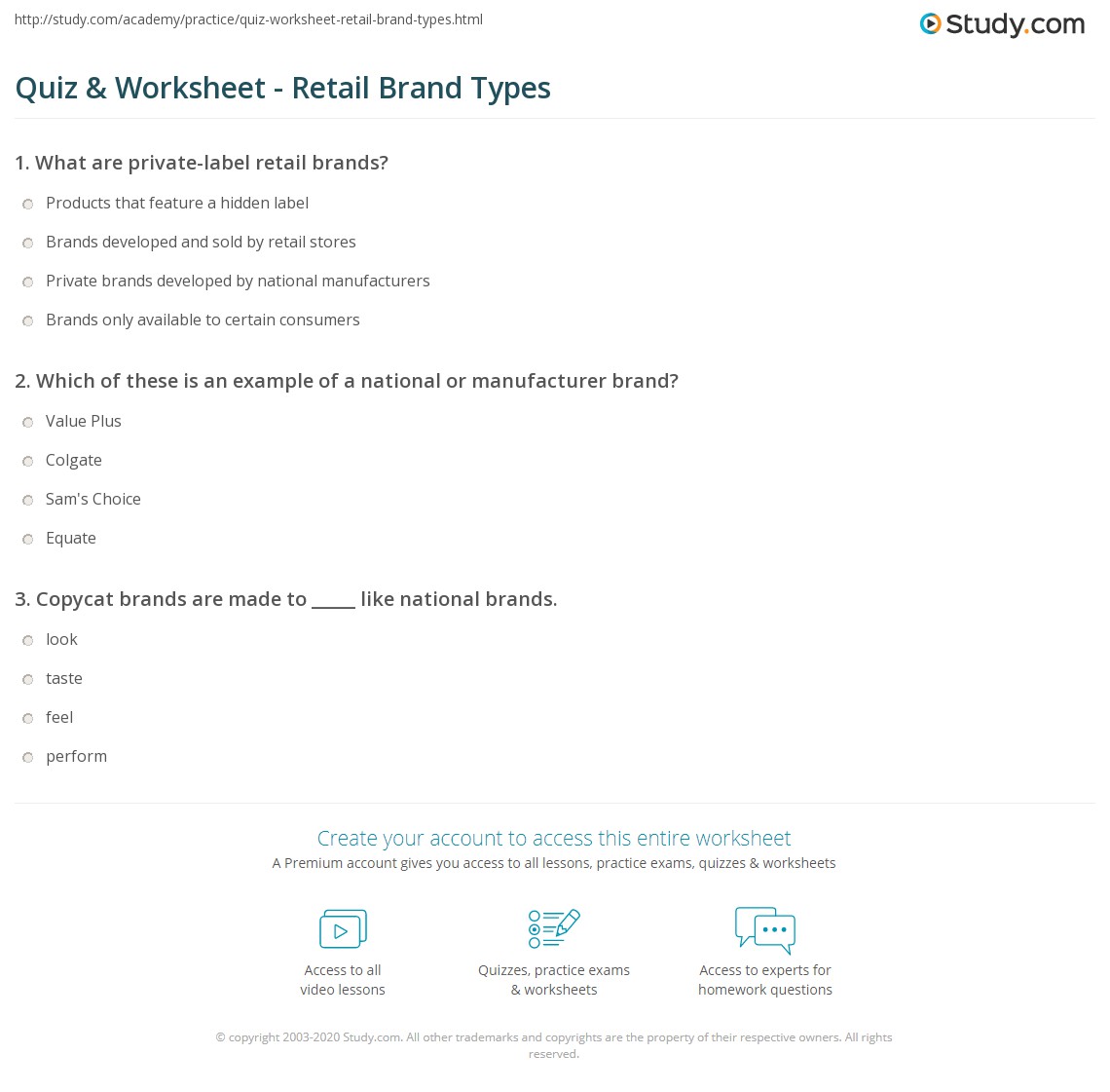 Quiz & Worksheet - Retail Brand Types | Study.com