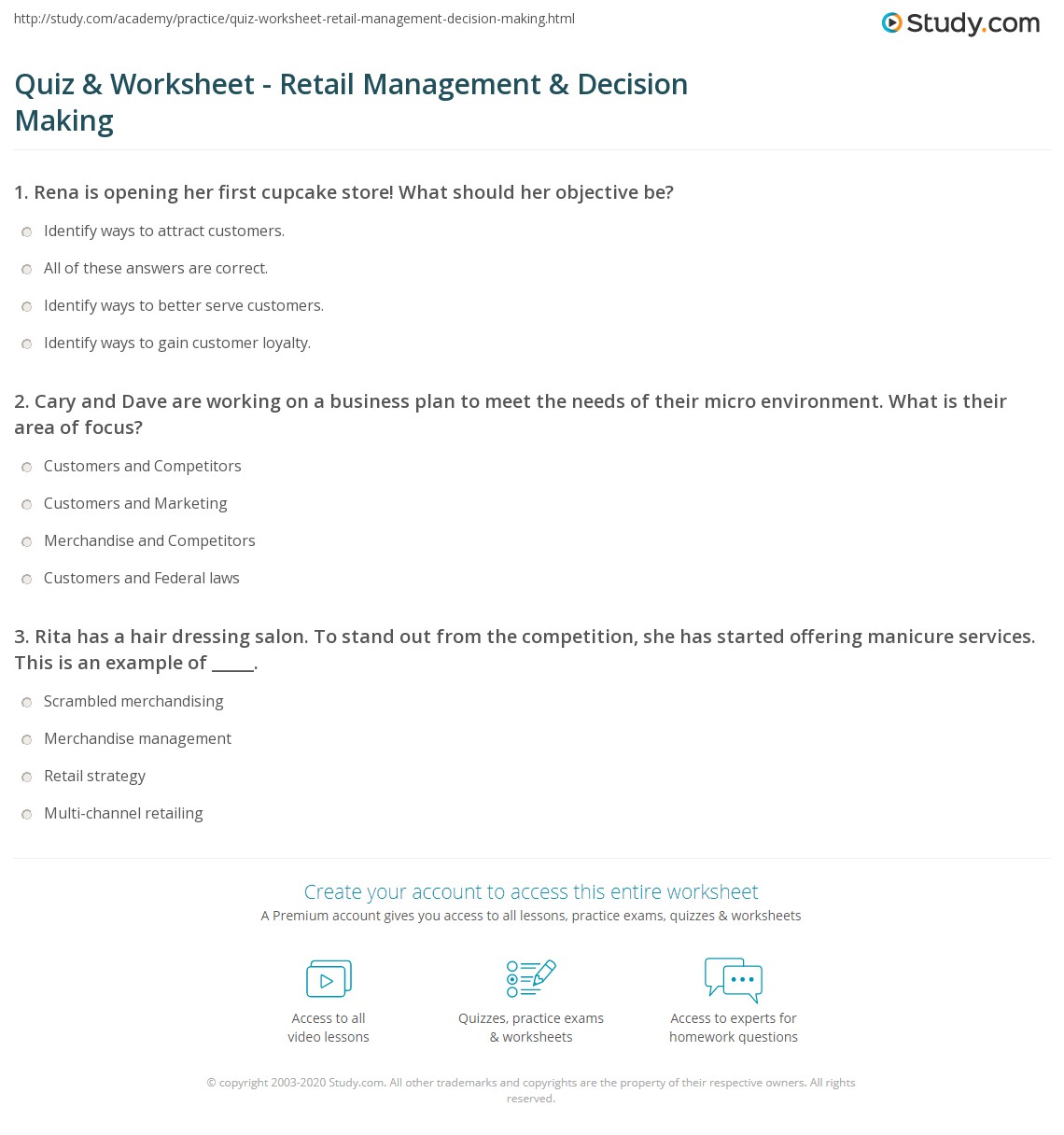 Quiz & Worksheet - Retail Management & Decision Making | Study.com
