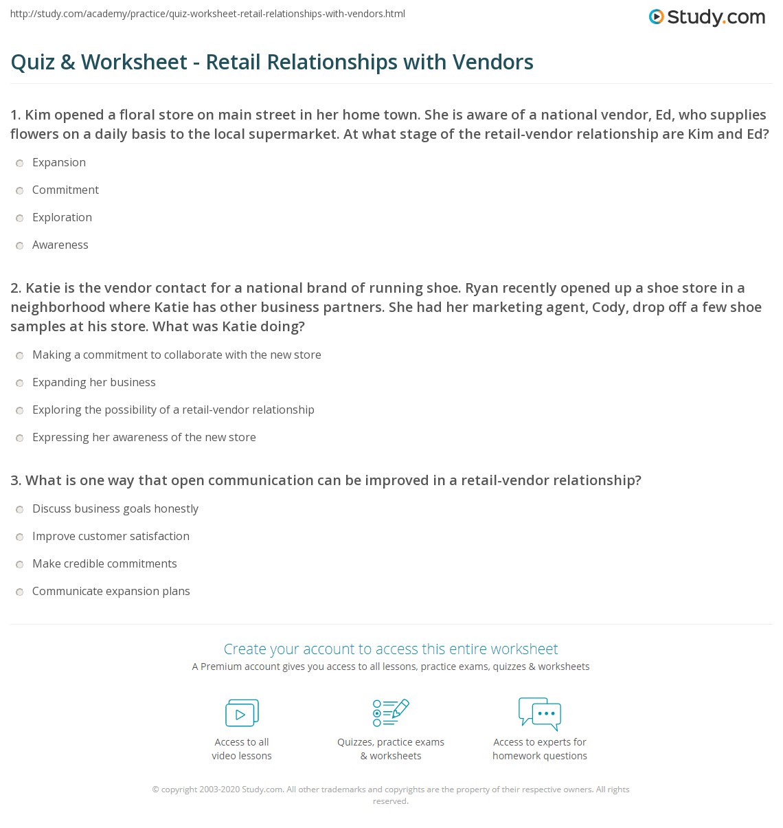Quiz & Worksheet - Retail Relationships with Vendors | Study.com
