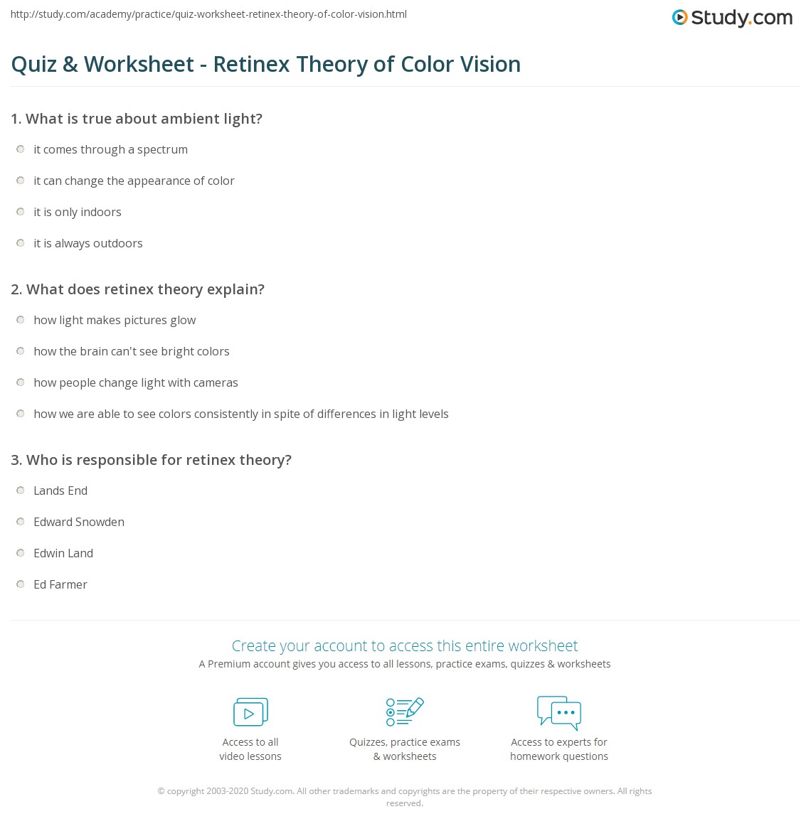 Quiz & Worksheet - Retinex Theory of Color Vision | Study.com