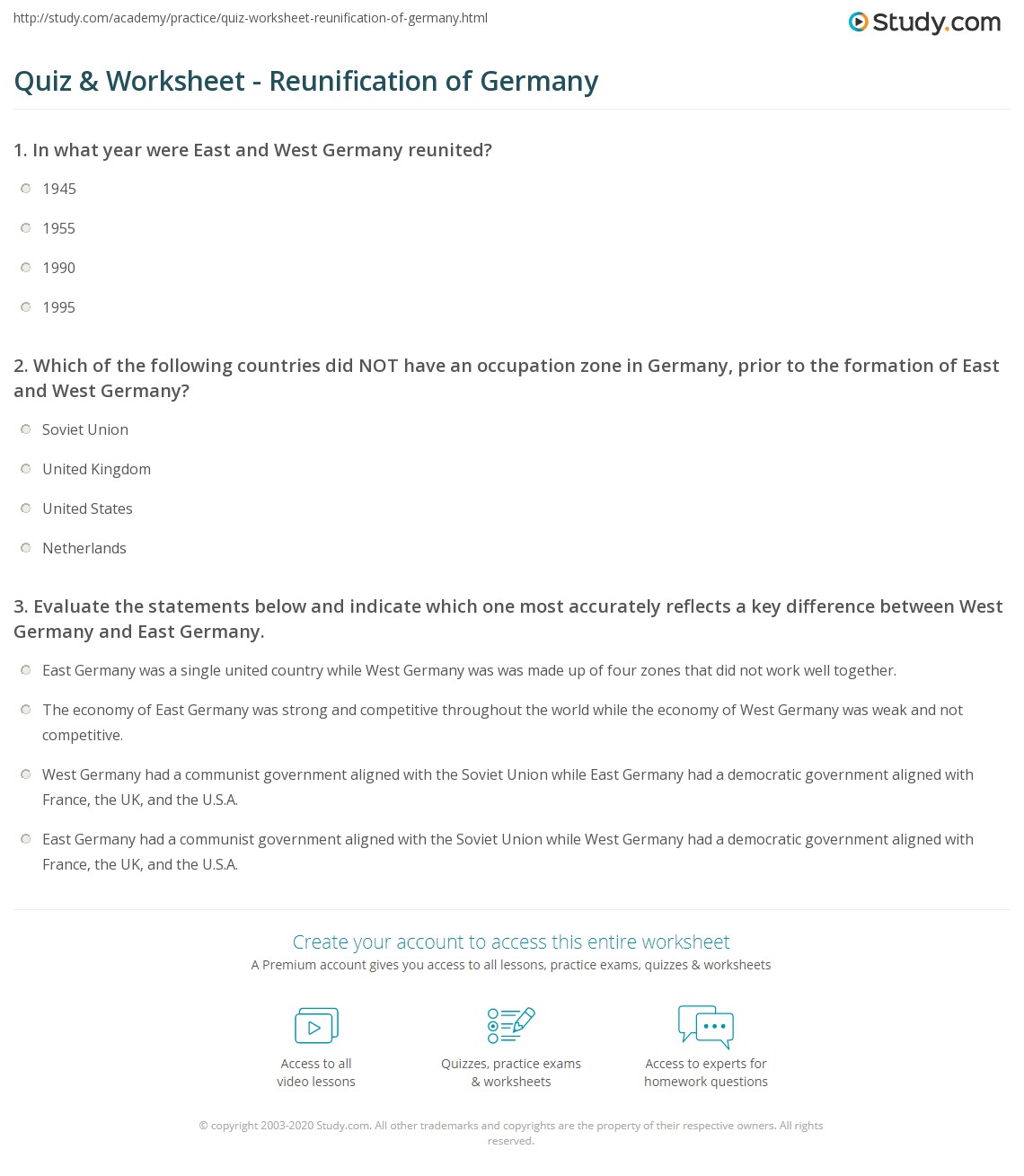 Quiz & Worksheet - Reunification of Germany | Study.com