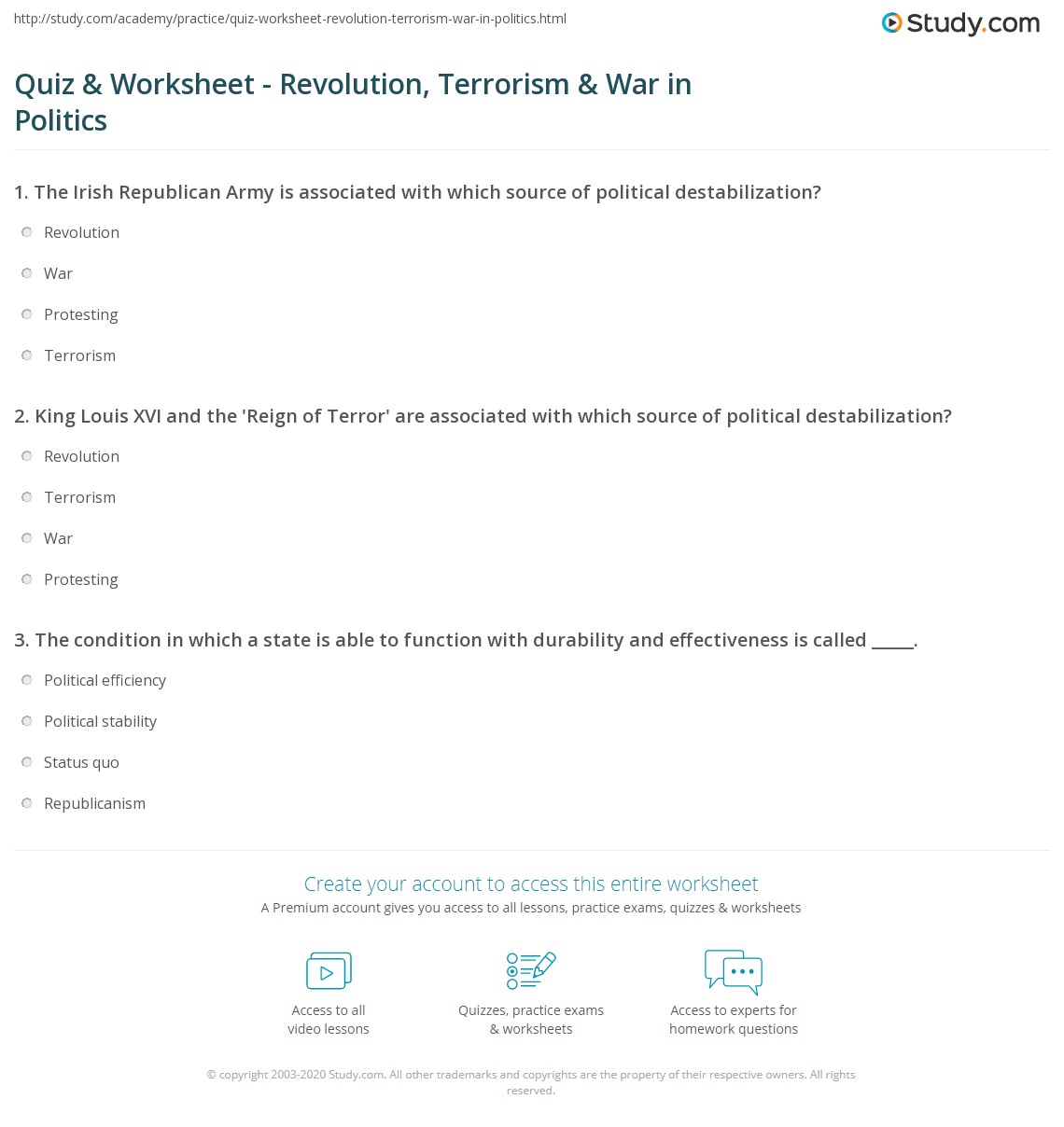 Quiz & Worksheet - Revolution, Terrorism & War in Politics | Study.com