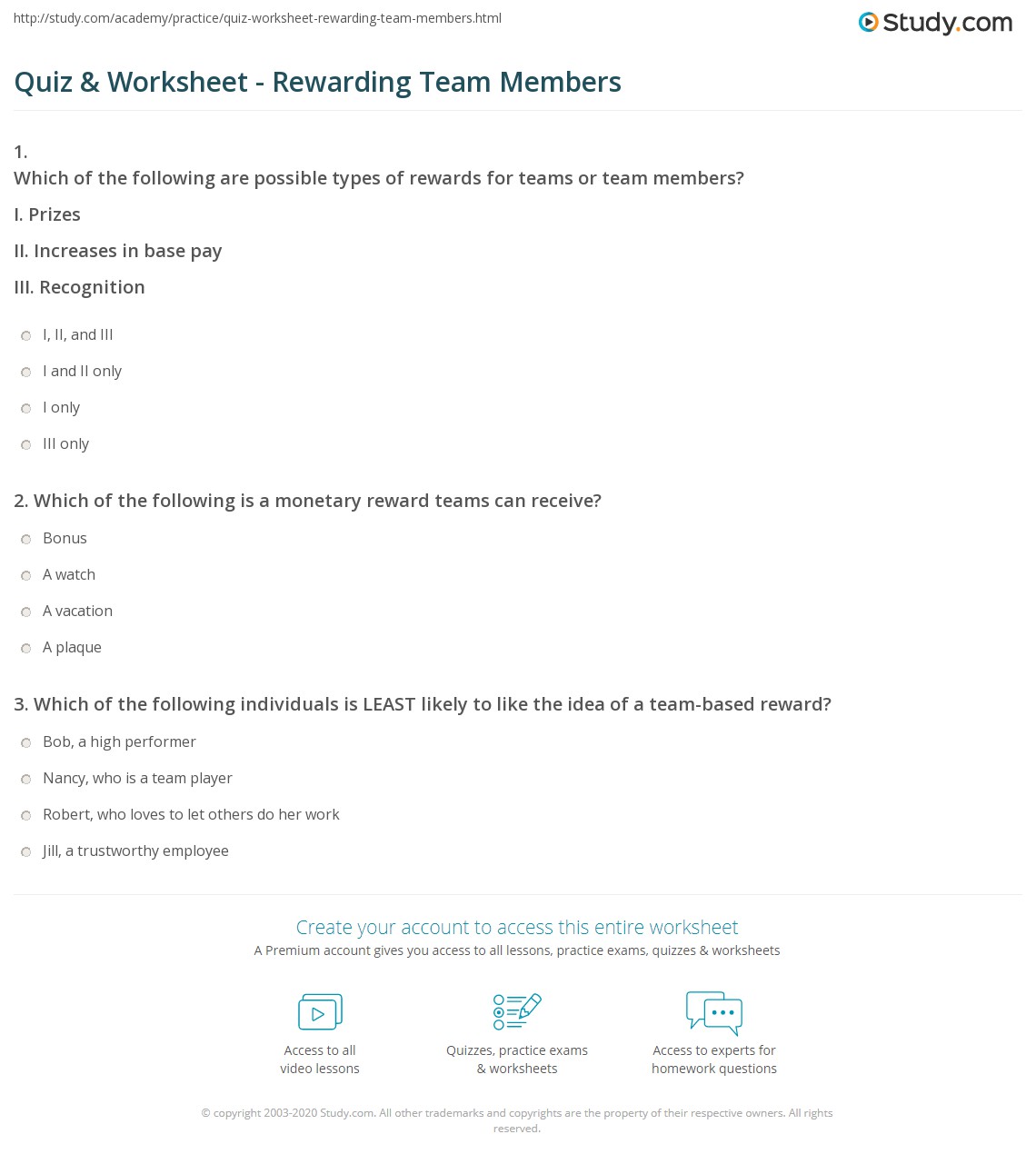 Quiz & Worksheet - Rewarding Team Members | Study.com