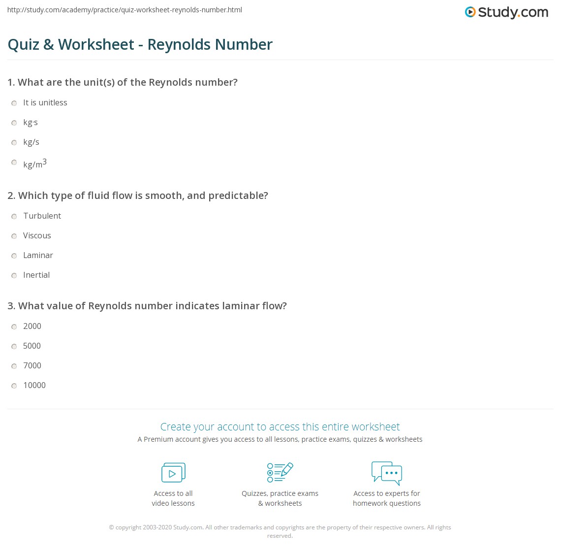 Quiz & Worksheet - Reynolds Number | Study.com