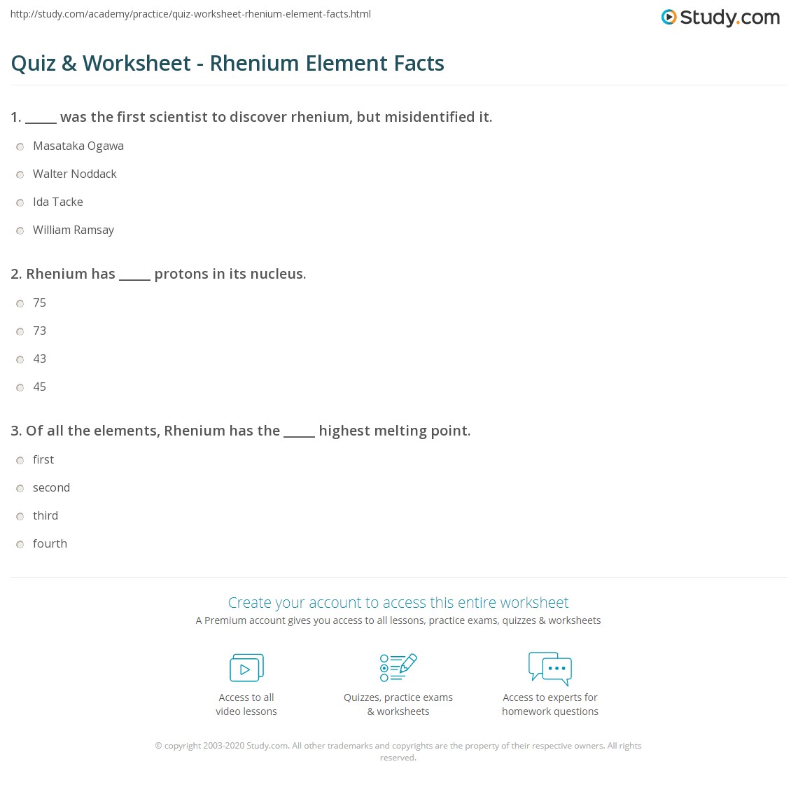 Quiz & Worksheet - Rhenium Element Facts | Study.com