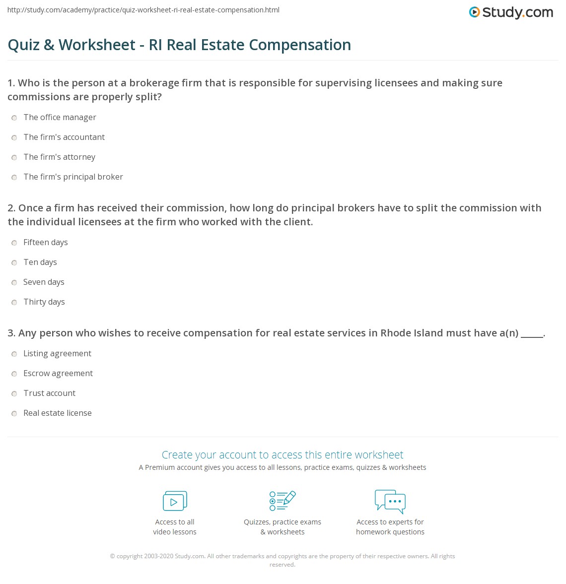 Quiz & Worksheet - RI Real Estate Compensation | Study.com