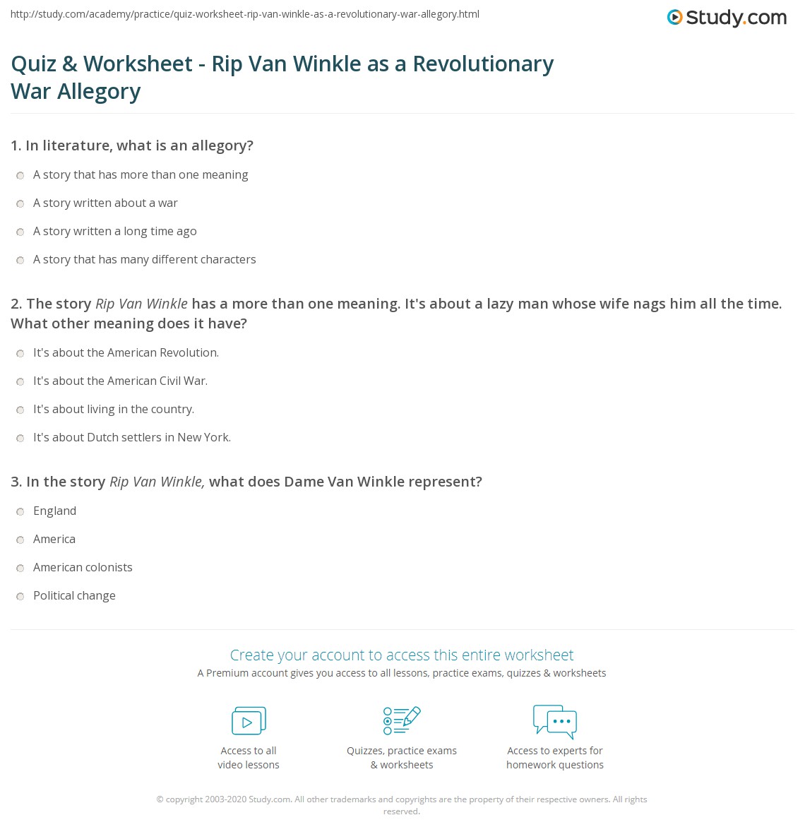Quiz & Worksheet - Rip Van Winkle as a Revolutionary War Allegory ...