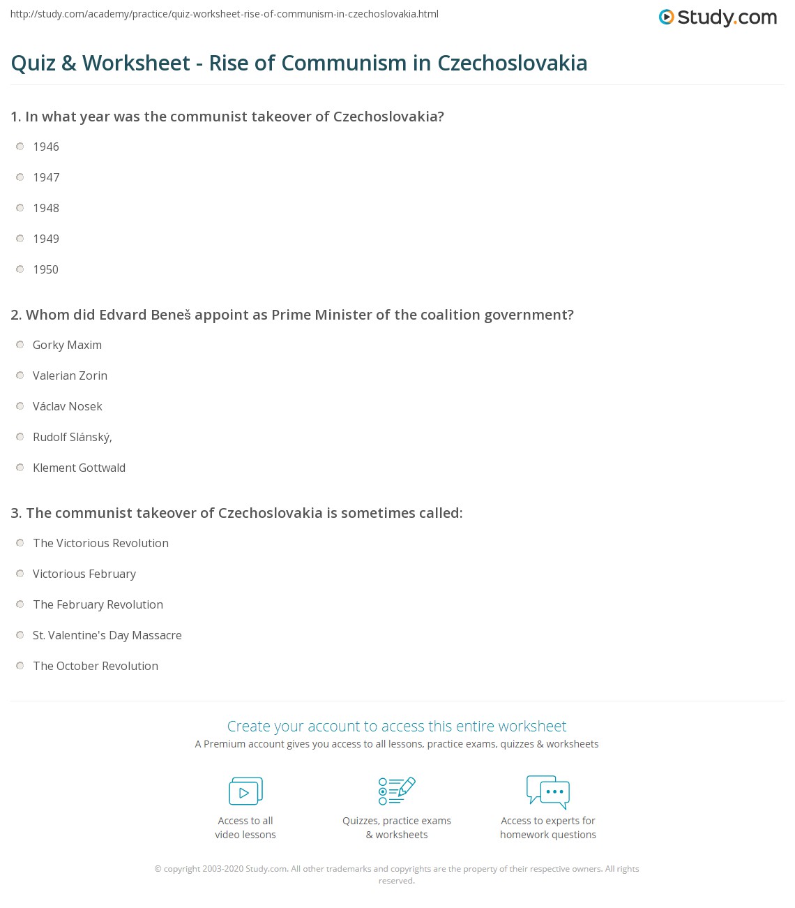 Quiz & Worksheet - Rise of Communism in Czechoslovakia | Study.com