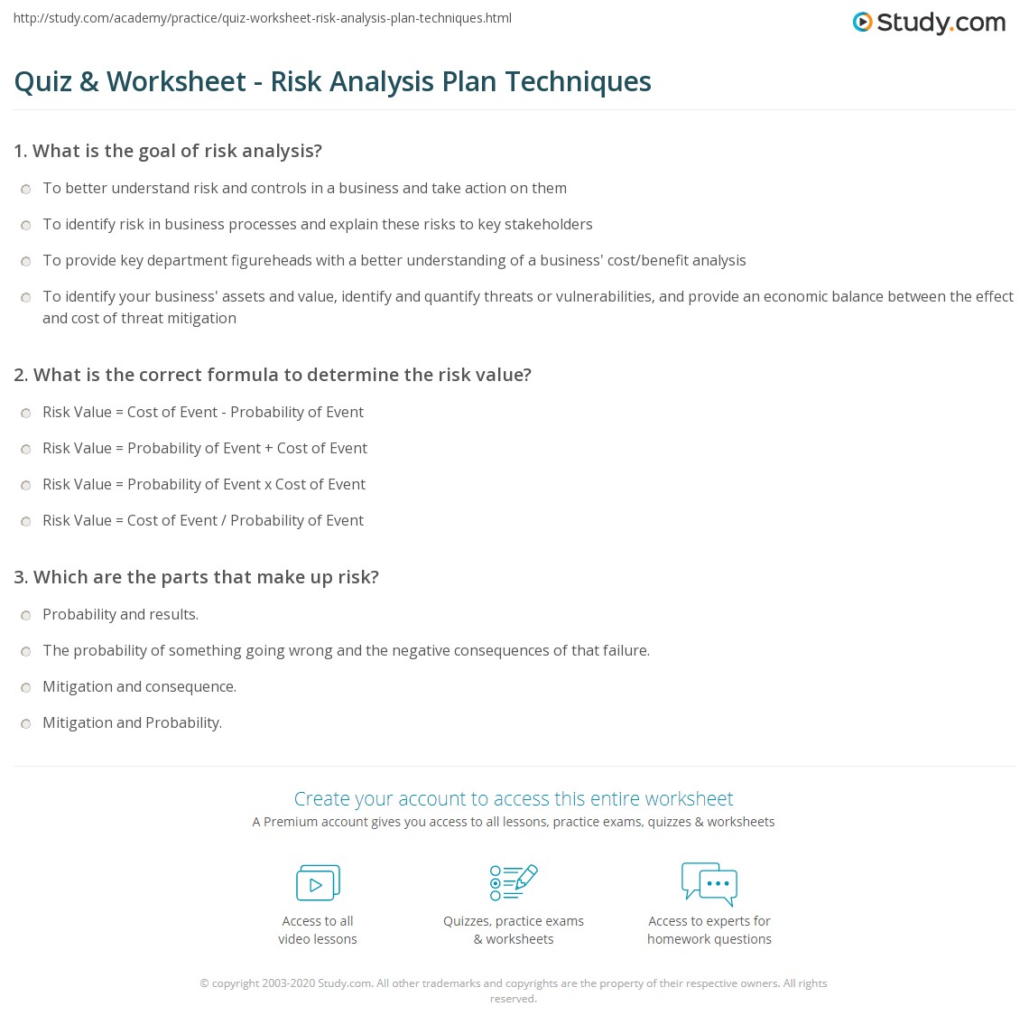 Quiz & Worksheet - Risk Analysis Plan Techniques | Study.com