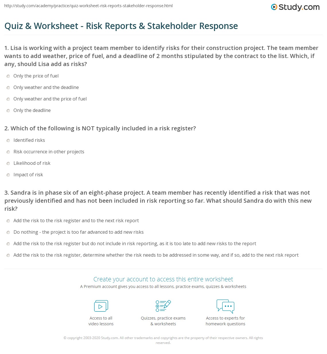 Quiz & Worksheet - Risk Reports & Stakeholder Response | Study.com