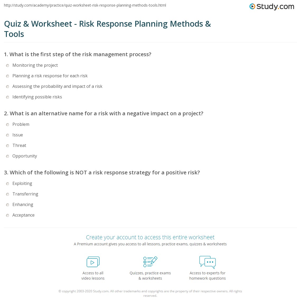 Quiz & Worksheet - Risk Response Planning Methods & Tools | Study.com