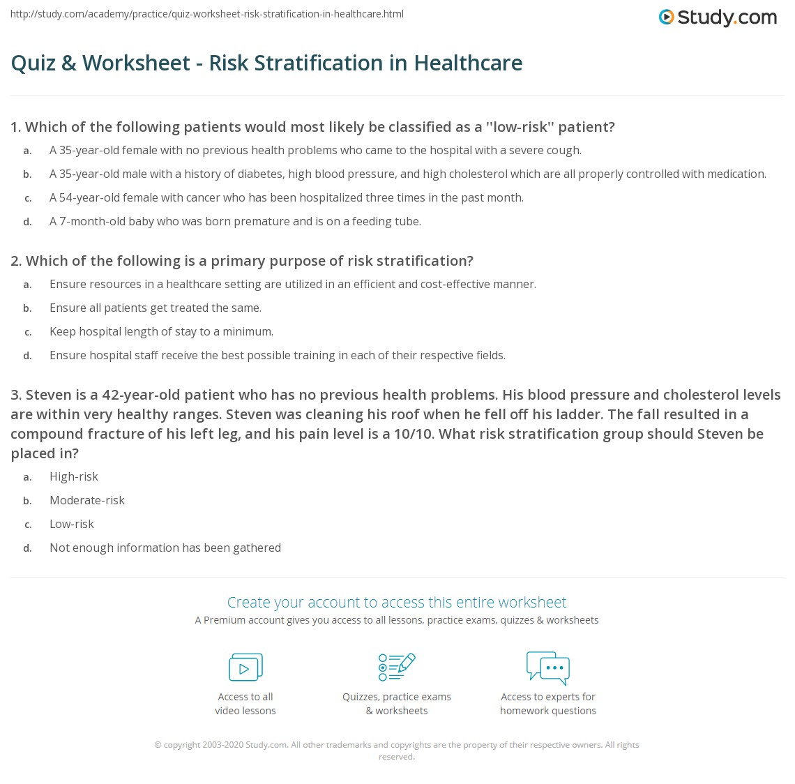 Quiz & Worksheet - Risk Stratification in Healthcare | Study.com