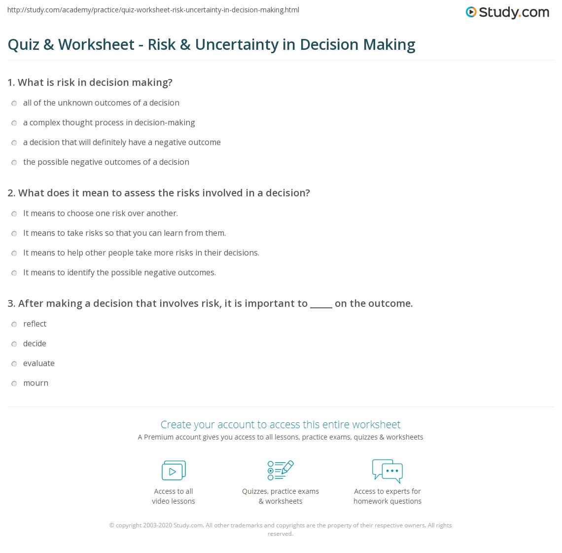 Quiz & Worksheet - Risk & Uncertainty in Decision Making | Study.com