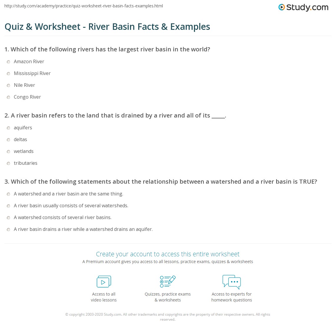 Quiz & Worksheet - River Basin Facts & Examples | Study.com