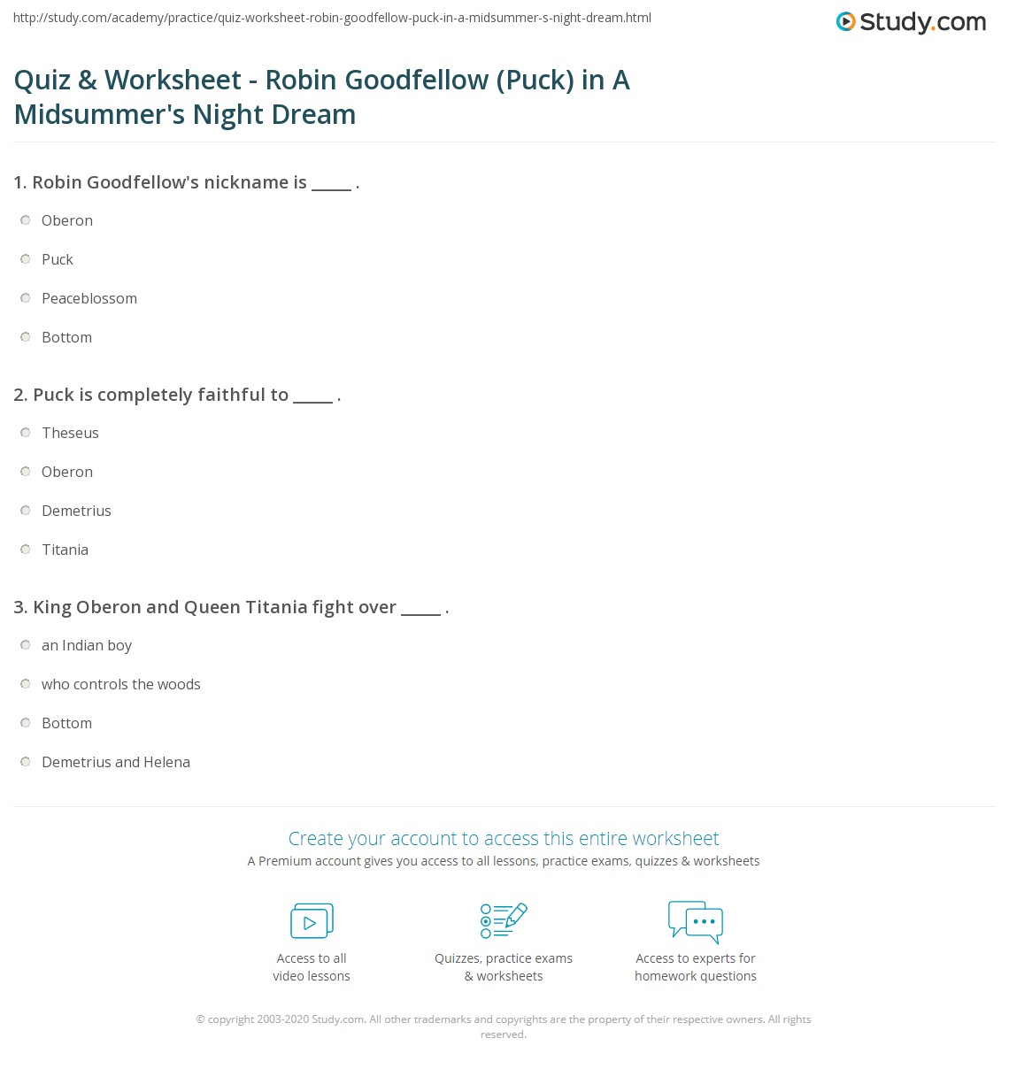 Quiz & Worksheet - Robin Goodfellow (Puck) in A Midsummer's Night Dream ...