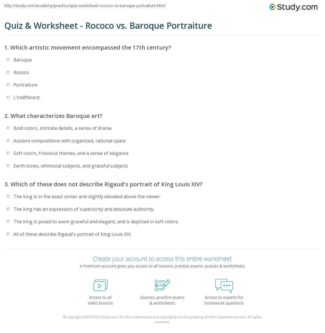 Quiz & Worksheet - Rococo vs. Baroque Portraiture | Study.com
