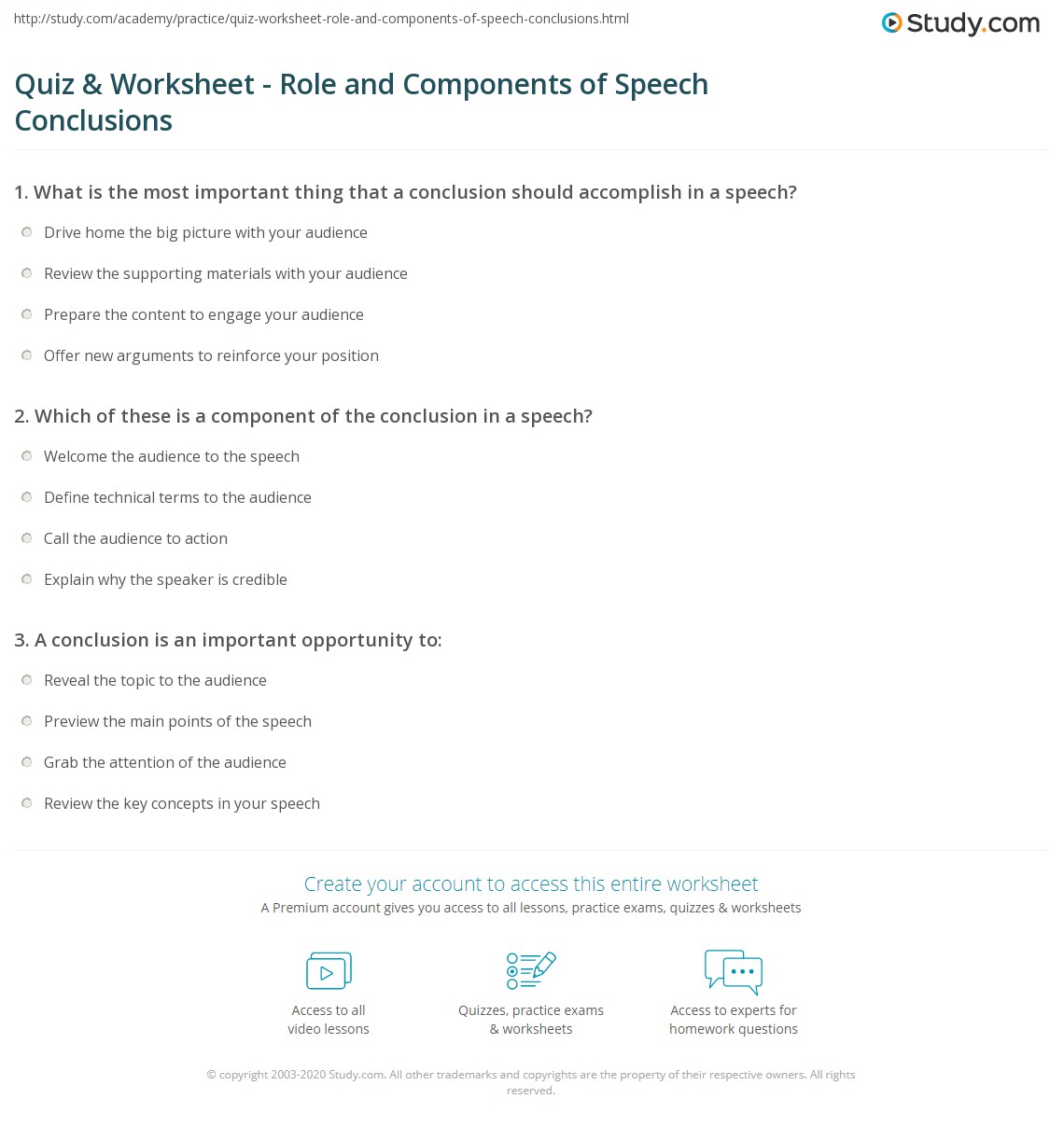 Quiz & Worksheet - Role and Components of Speech Conclusions | Study.com