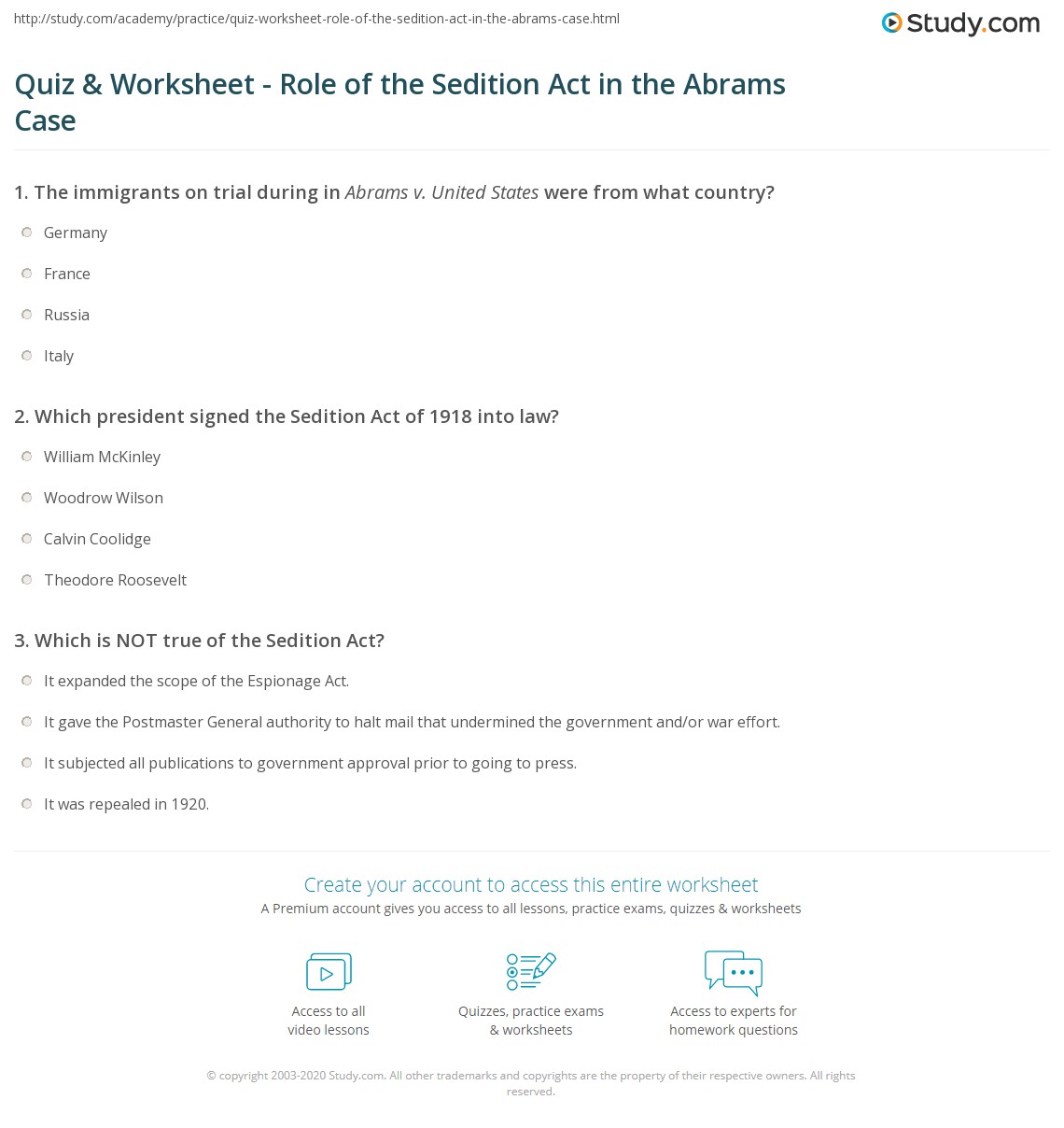 Quiz & Worksheet - Role of the Sedition Act in the Abrams Case | Study.com