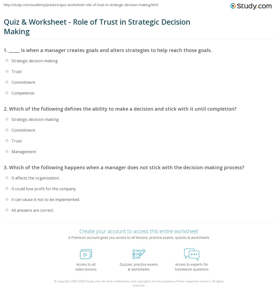 Quiz & Worksheet - Role of Trust in Strategic Decision Making | Study.com