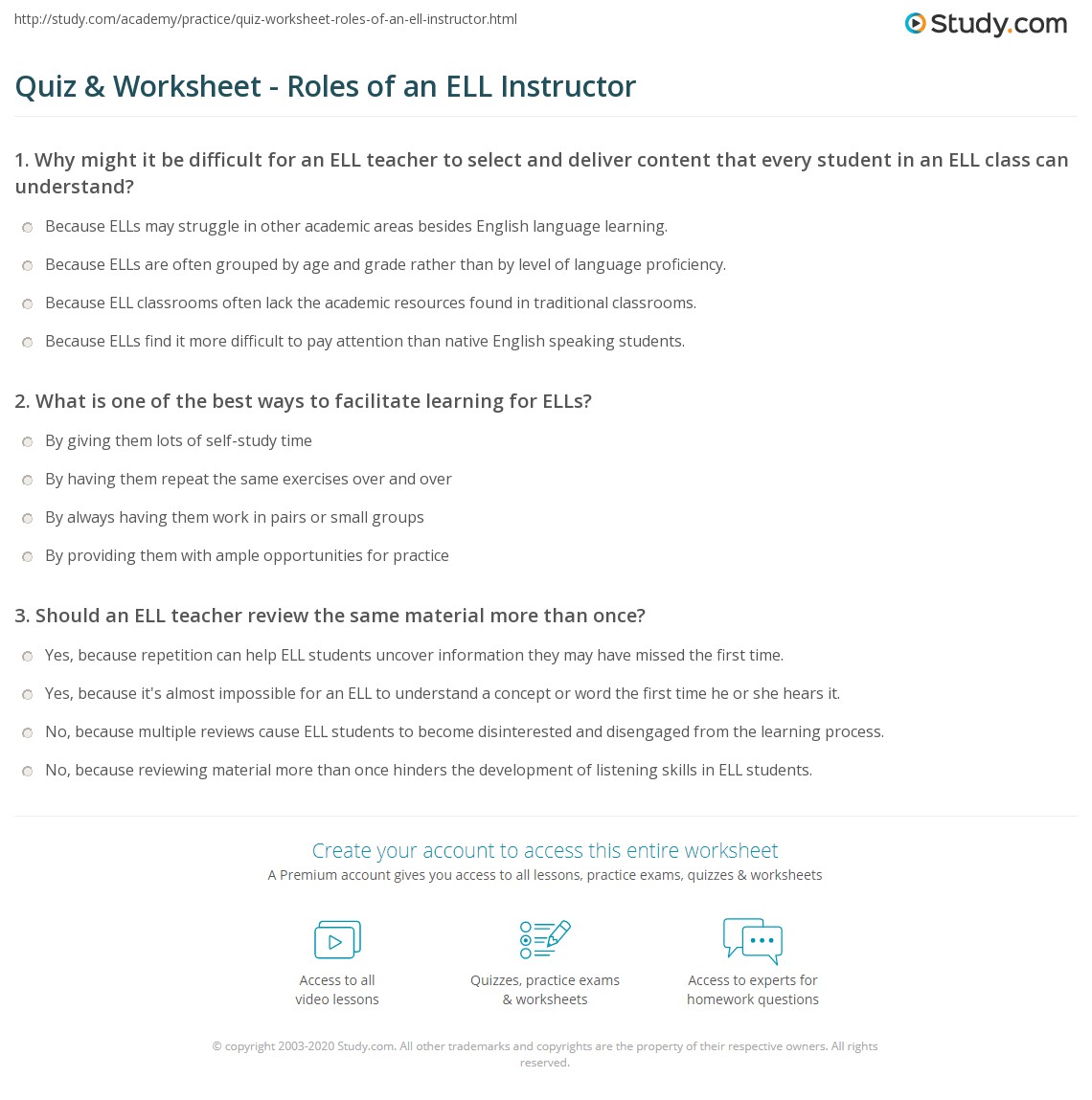 Quiz & Worksheet - Roles of an ELL Instructor | Study.com