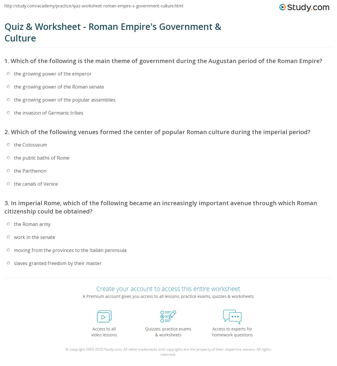 Quiz & Worksheet - Roman Empire's Government & Culture | Study.com