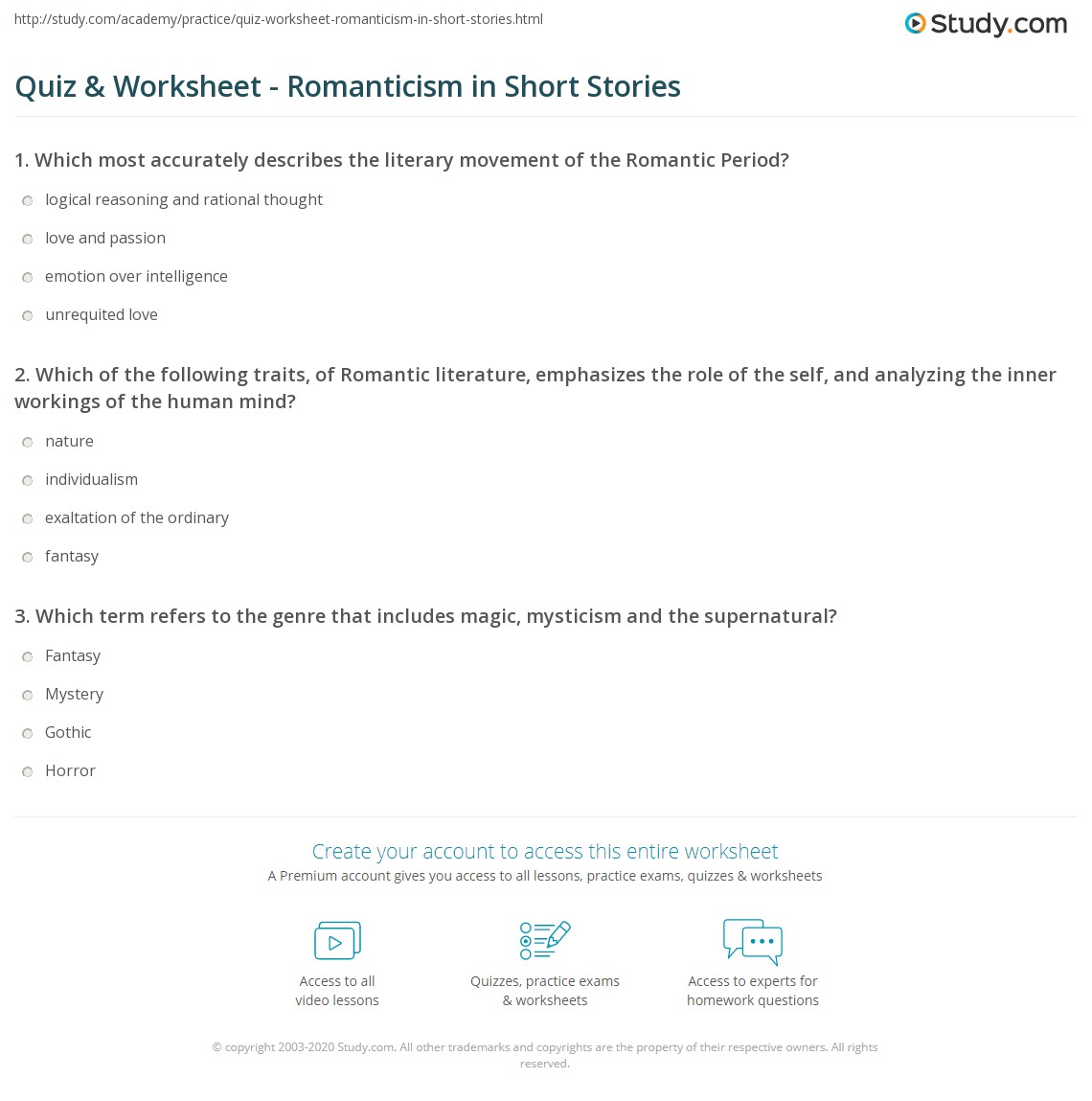 Quiz & Worksheet - Romanticism in Short Stories | Study.com