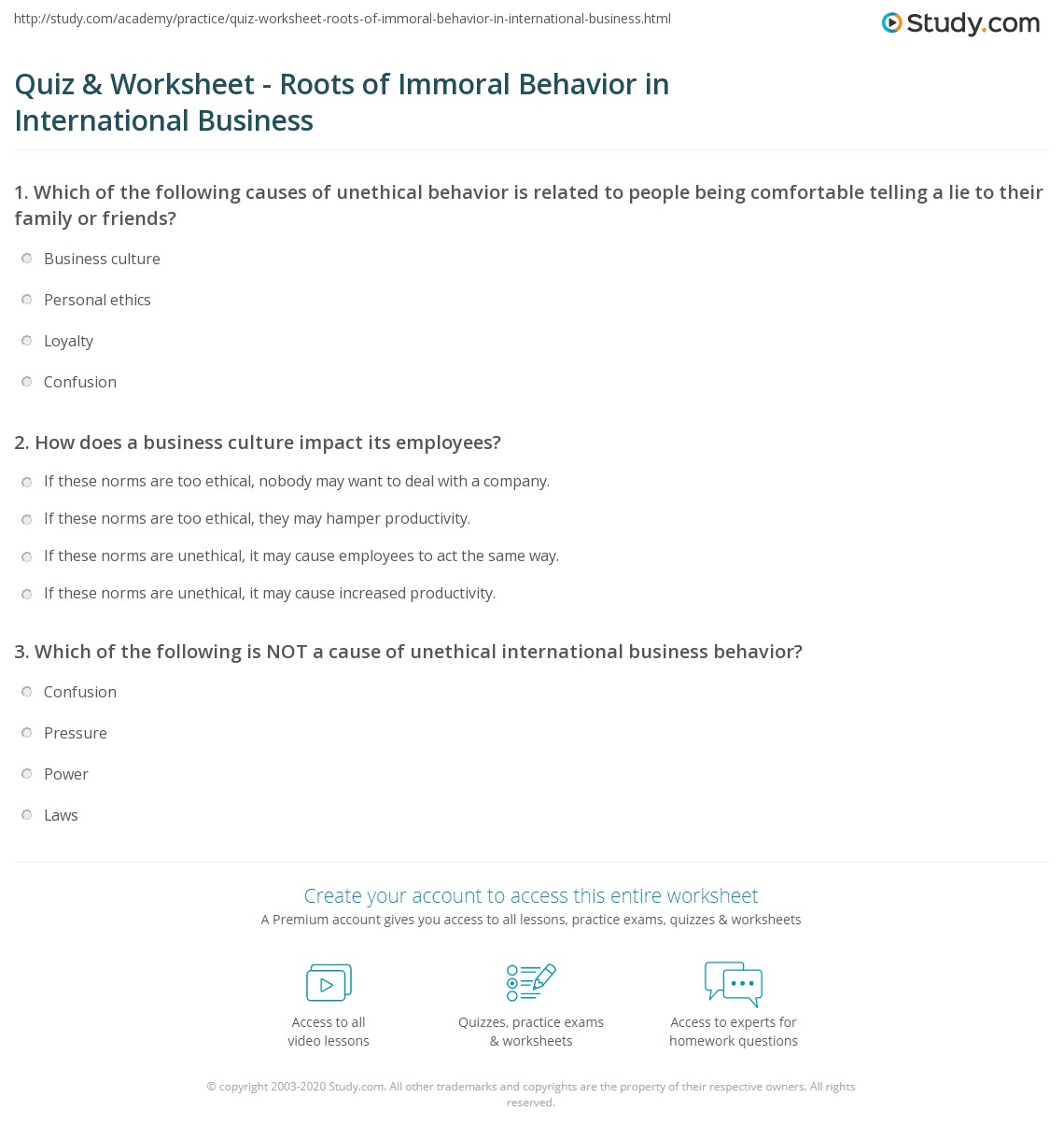Quiz & Worksheet - Roots of Immoral Behavior in International Business ...