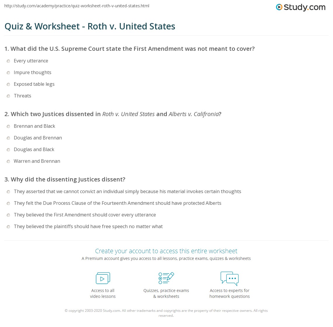 Quiz & Worksheet - Roth v. United States | Study.com