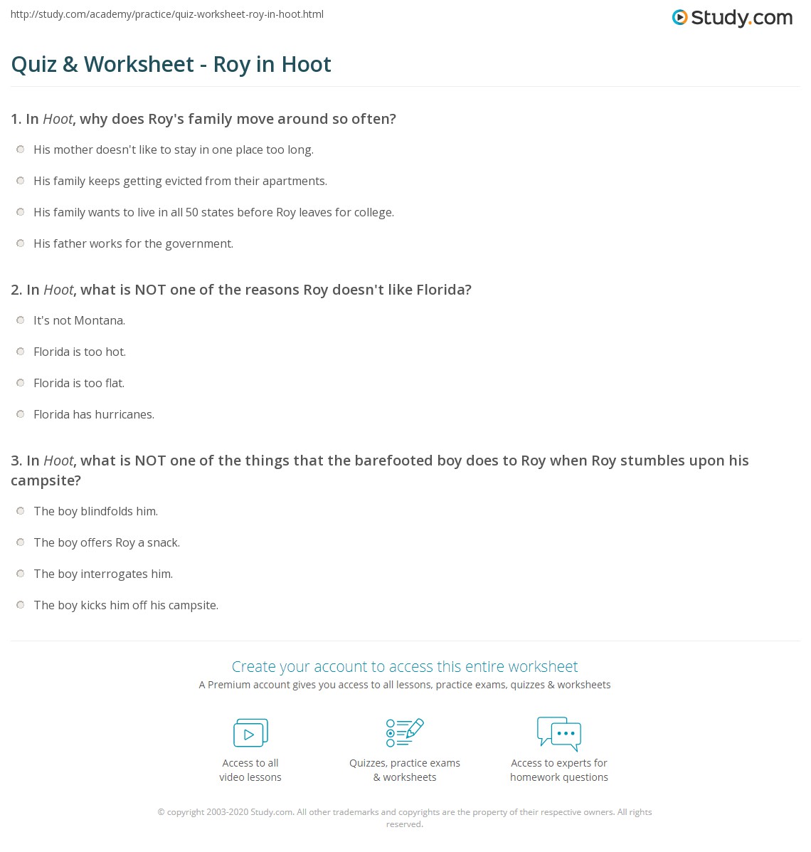Quiz & Worksheet - Roy in Hoot | Study.com