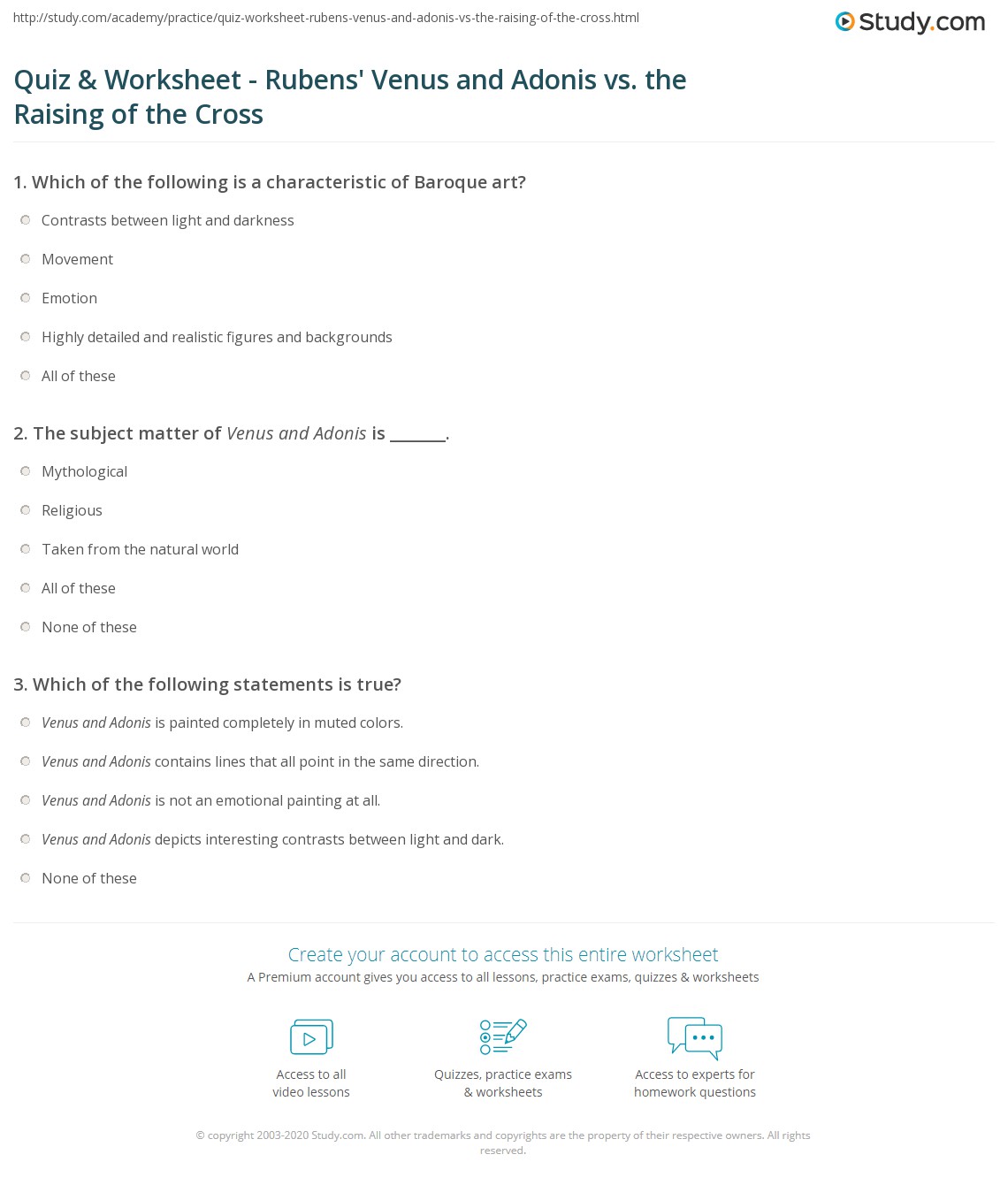 Quiz & Worksheet - Rubens' Venus and Adonis vs. the Raising of the ...