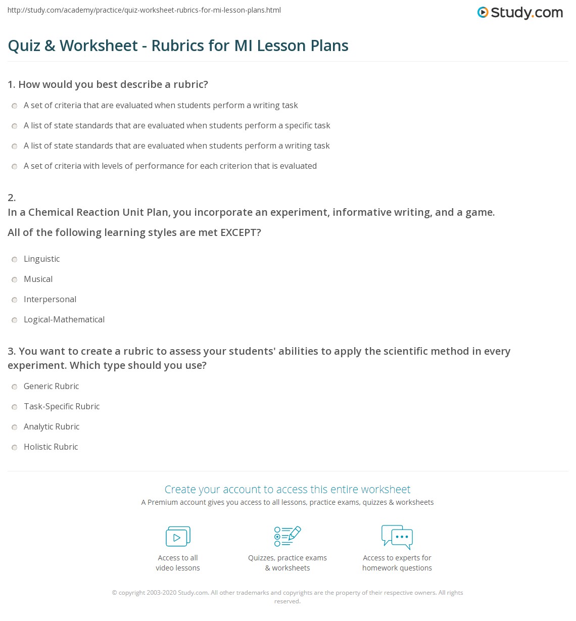 Quiz & Worksheet - Rubrics for MI Lesson Plans | Study.com