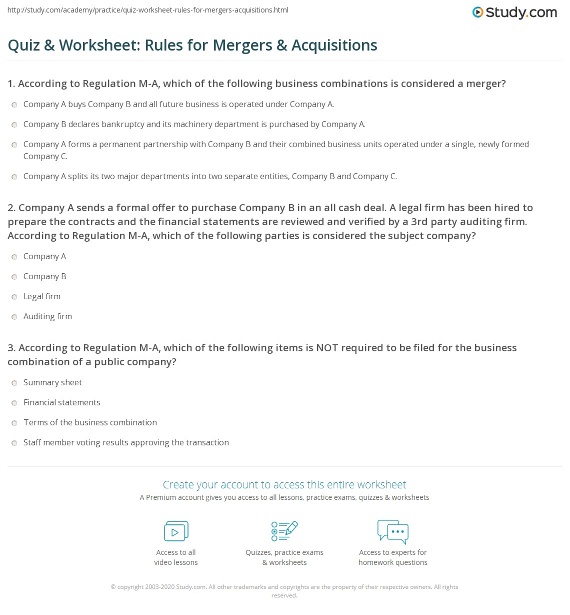 Quiz & Worksheet: Rules for Mergers & Acquisitions | Study.com