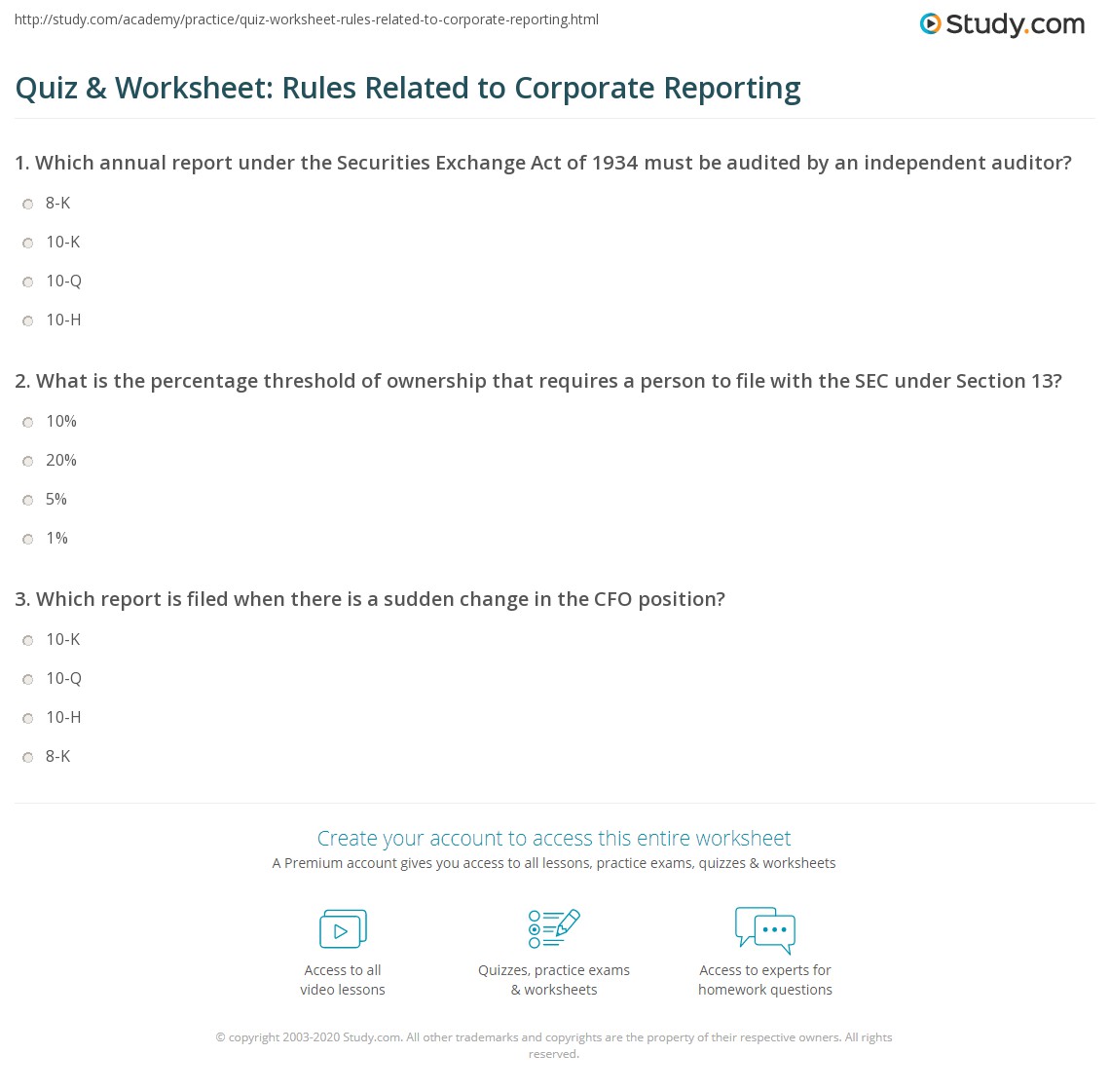 Quiz & Worksheet: Rules Related to Corporate Reporting | Study.com
