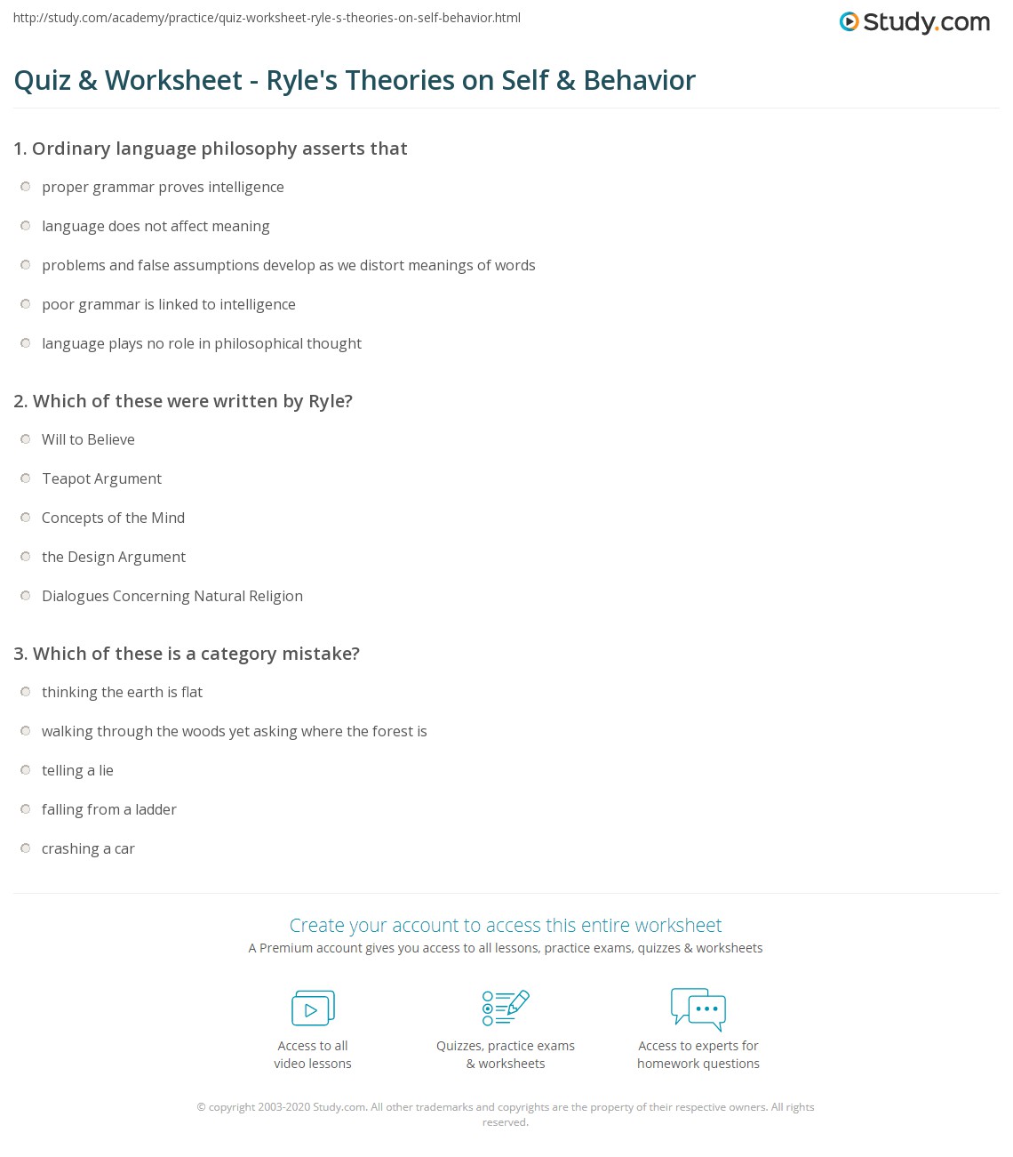 Quiz & Worksheet - Ryle's Theories on Self & Behavior | Study.com