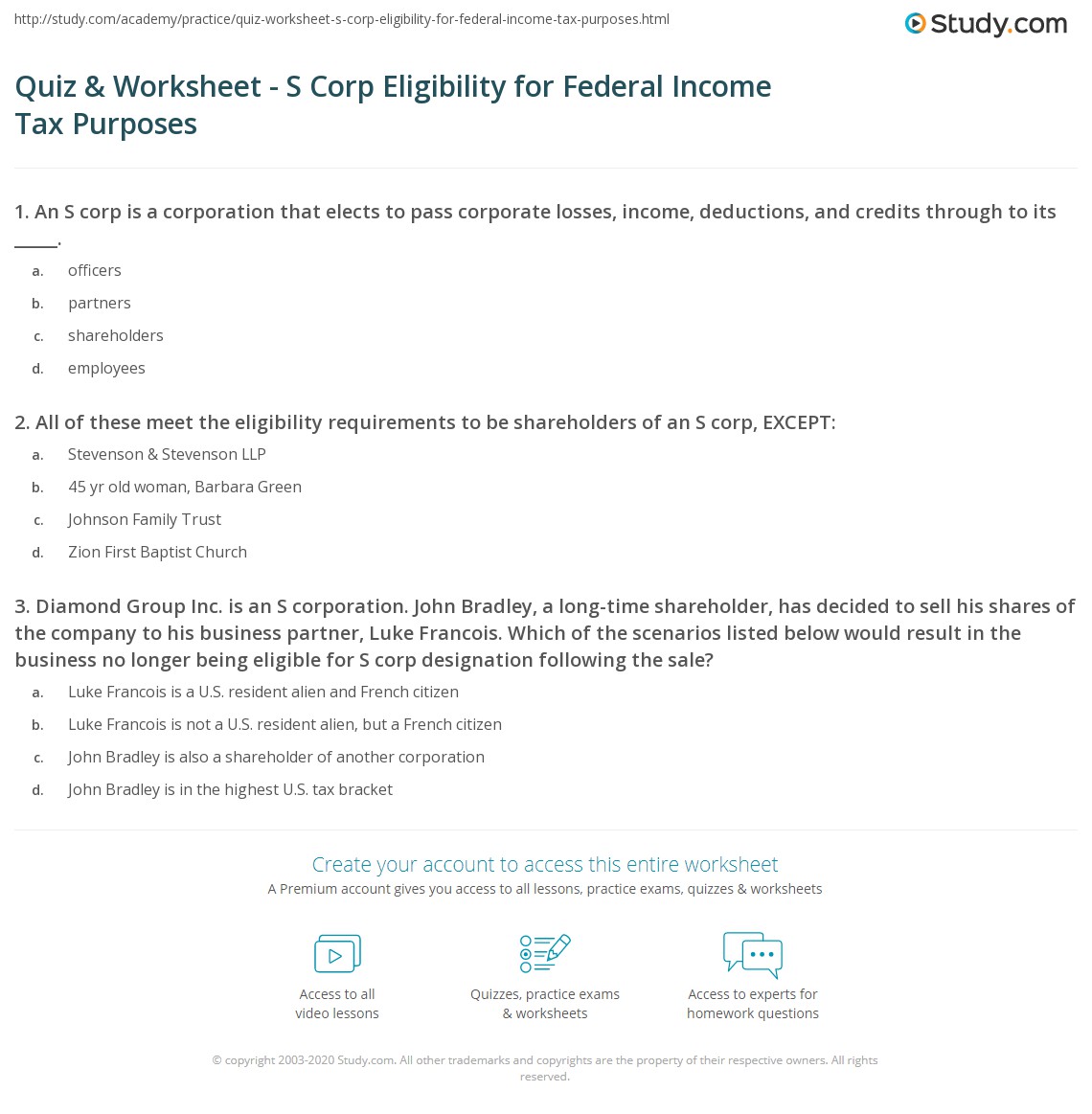 Quiz & Worksheet - S Corp Eligibility for Federal Income Tax Purposes ...