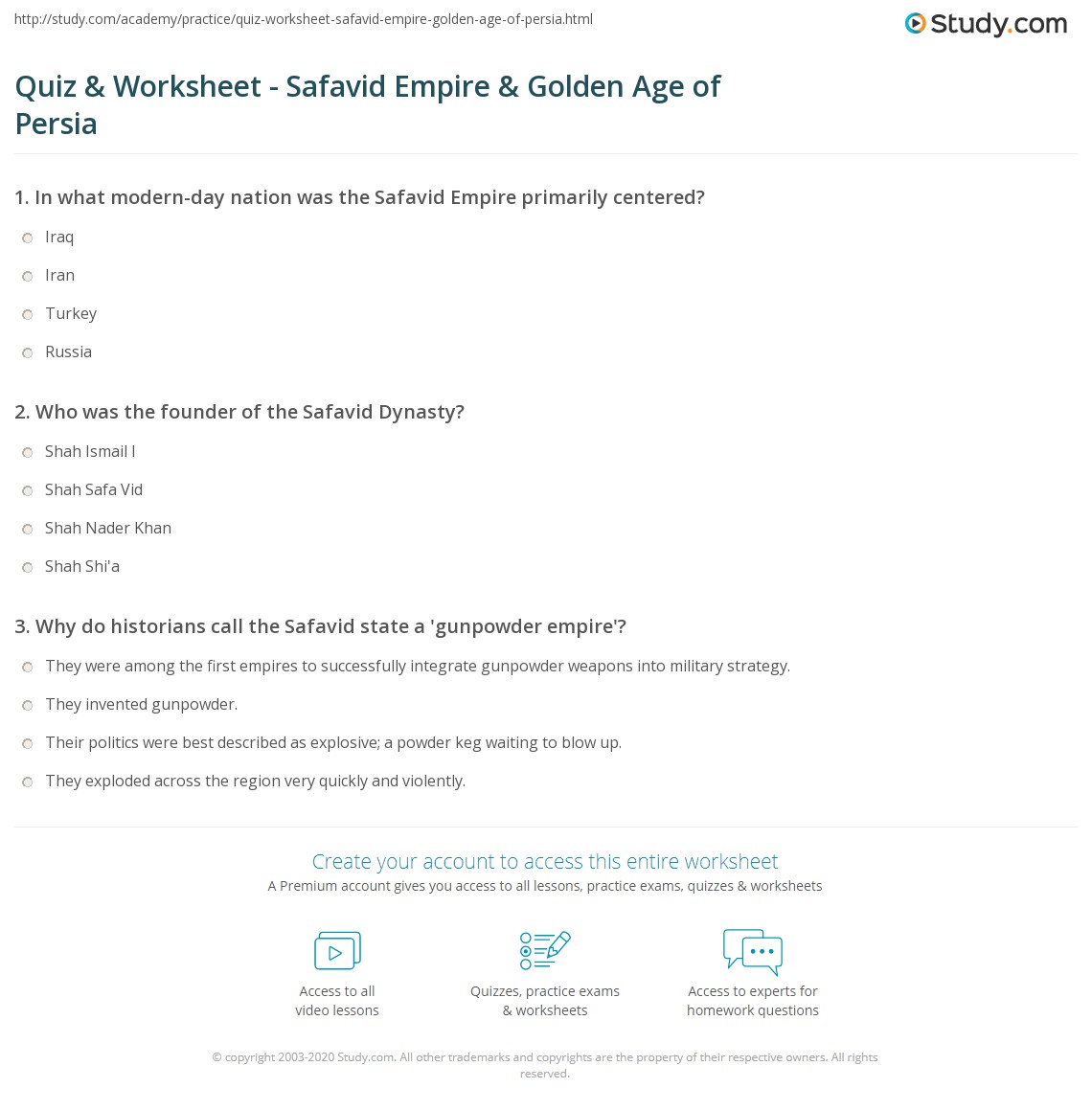Quiz & Worksheet - Safavid Empire & Golden Age of Persia | Study.com