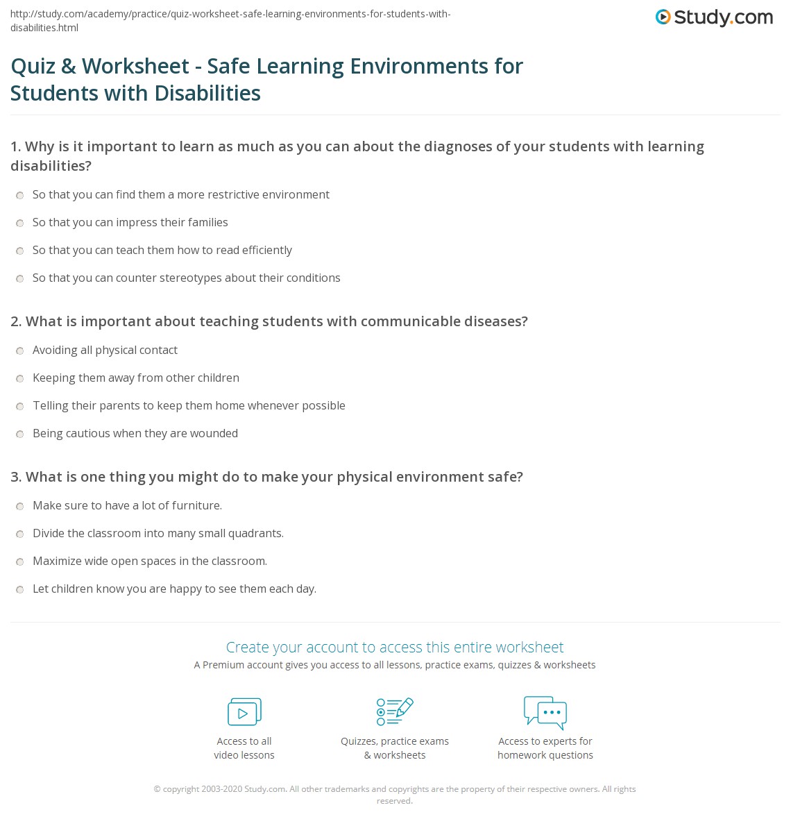 Quiz & Worksheet - Safe Learning Environments for Students with ...