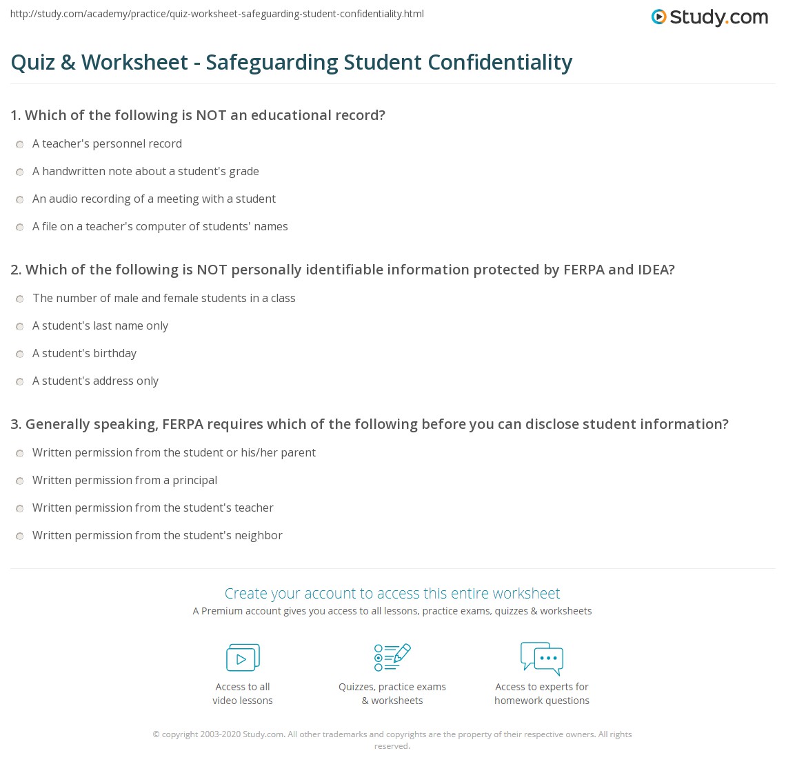Quiz & Worksheet - Safeguarding Student Confidentiality | Study.com