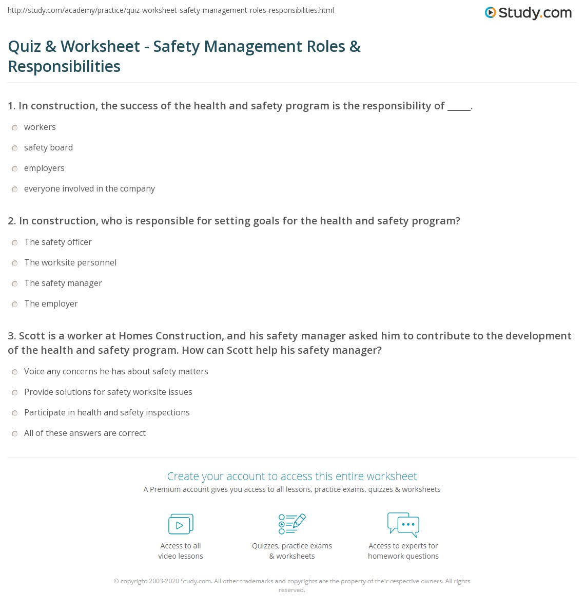Quiz & Worksheet - Safety Management Roles & Responsibilities | Study.com