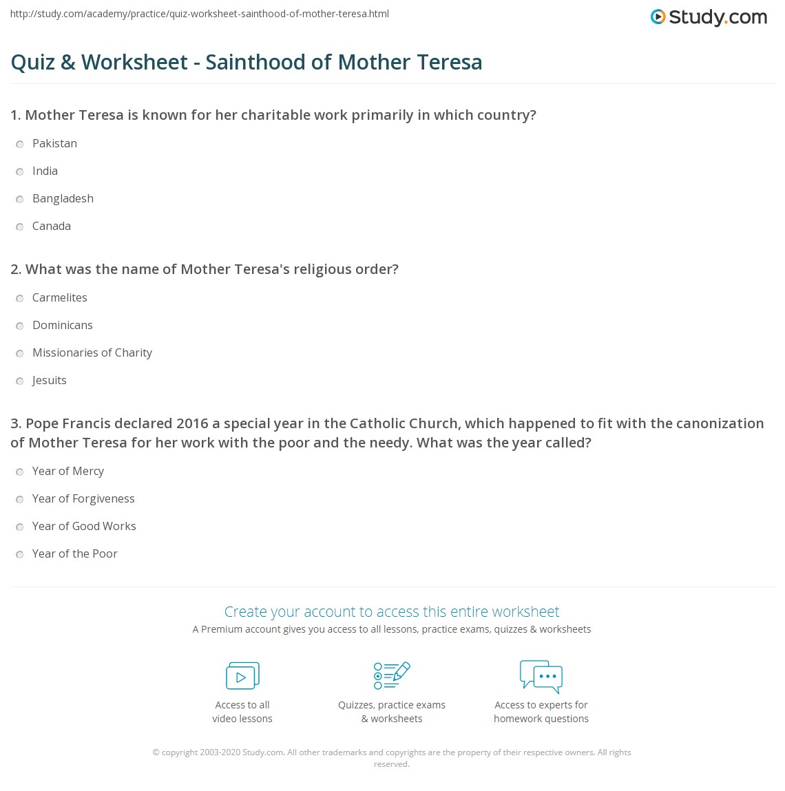Quiz & Worksheet - Sainthood of Mother Teresa | Study.com