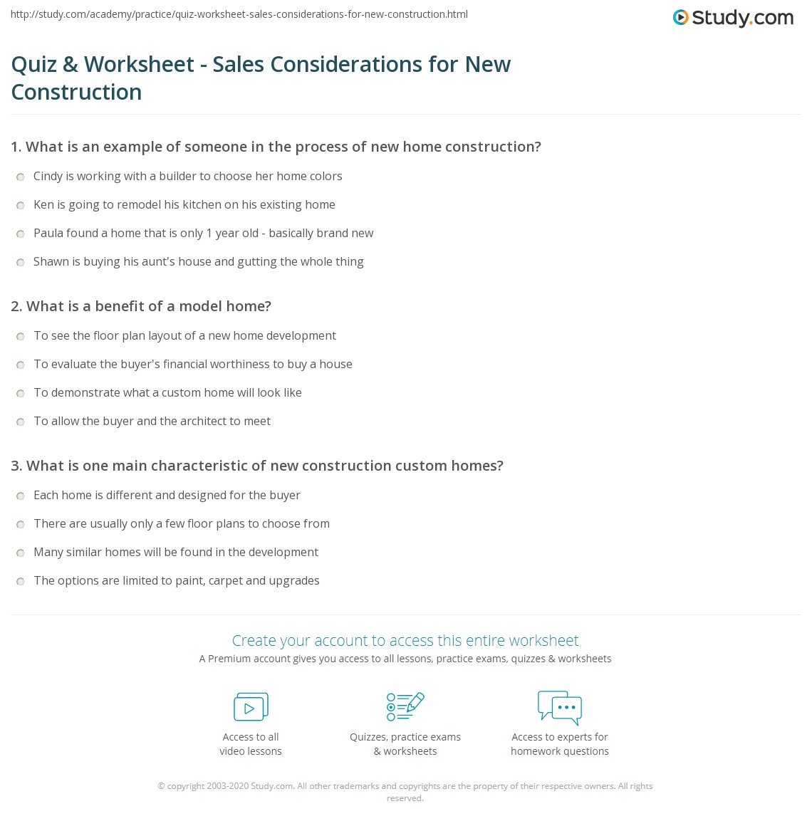 Quiz & Worksheet - Sales Considerations for New Construction | Study.com