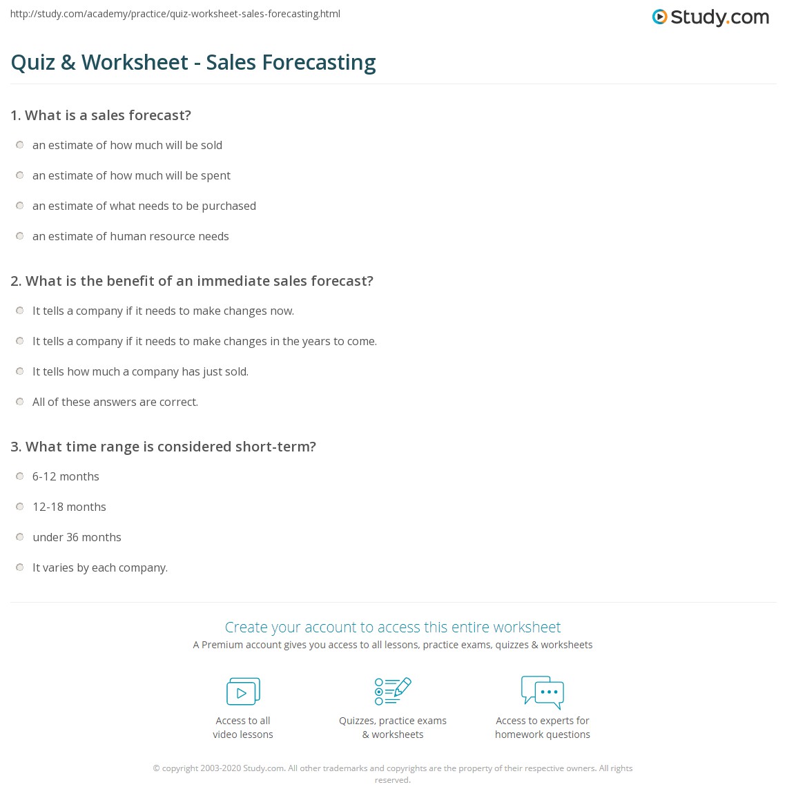 Quiz & Worksheet - Sales Forecasting | Study.com