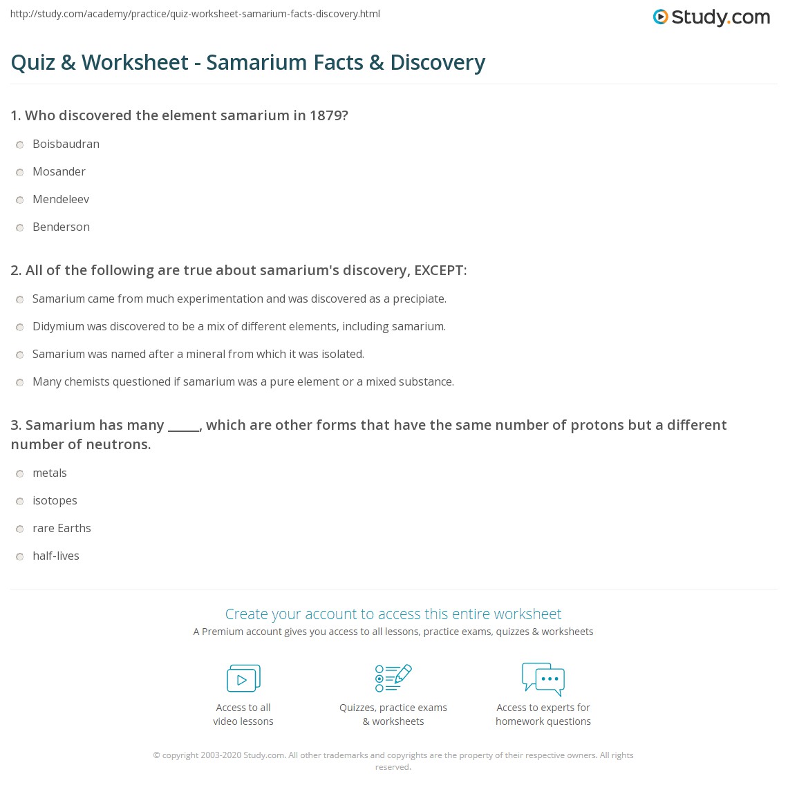 Quiz & Worksheet - Samarium Facts & Discovery | Study.com